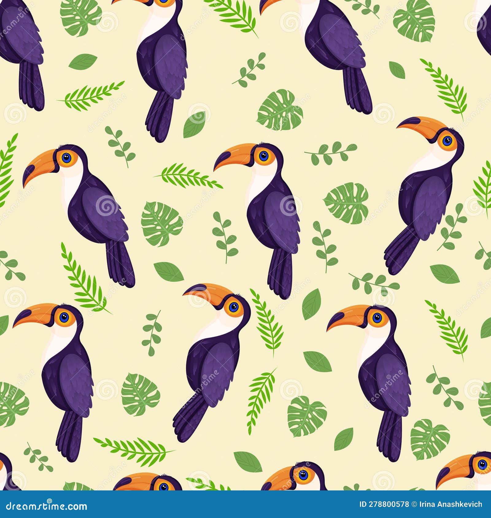 Seamless Texture with Tropical Bird Toucan and Leaves. Pattern Vector ...