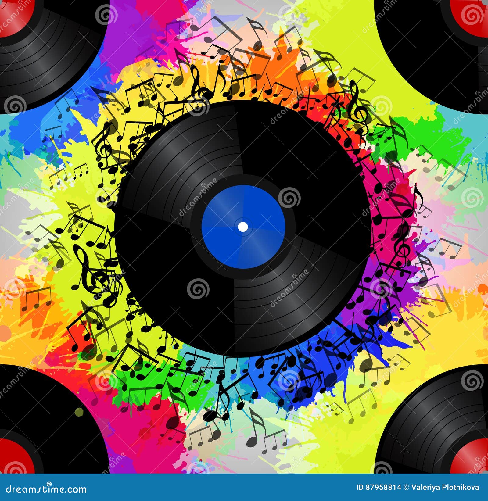 Seamless Texture with a Vinyl Record, Music Notes Stock Vector ...