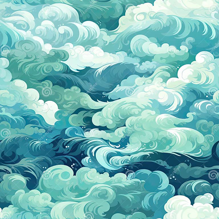 Seamless Texture with Waves and Clouds in Dark Teal and Light Green ...