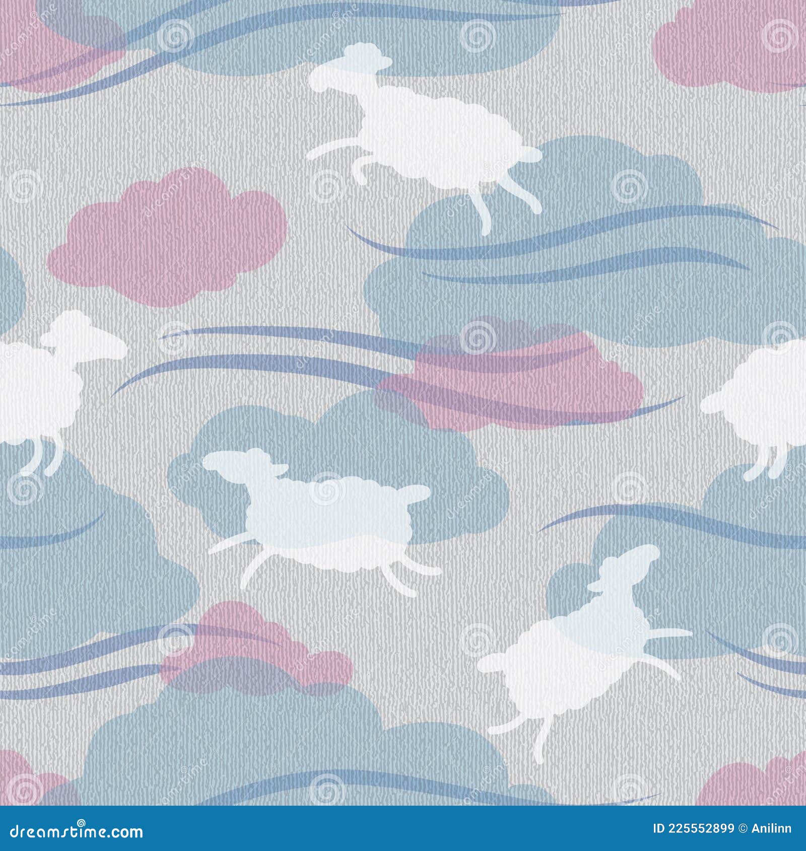 Seamless Textured Raster Pattern with White Flying Sheep in Pink and ...