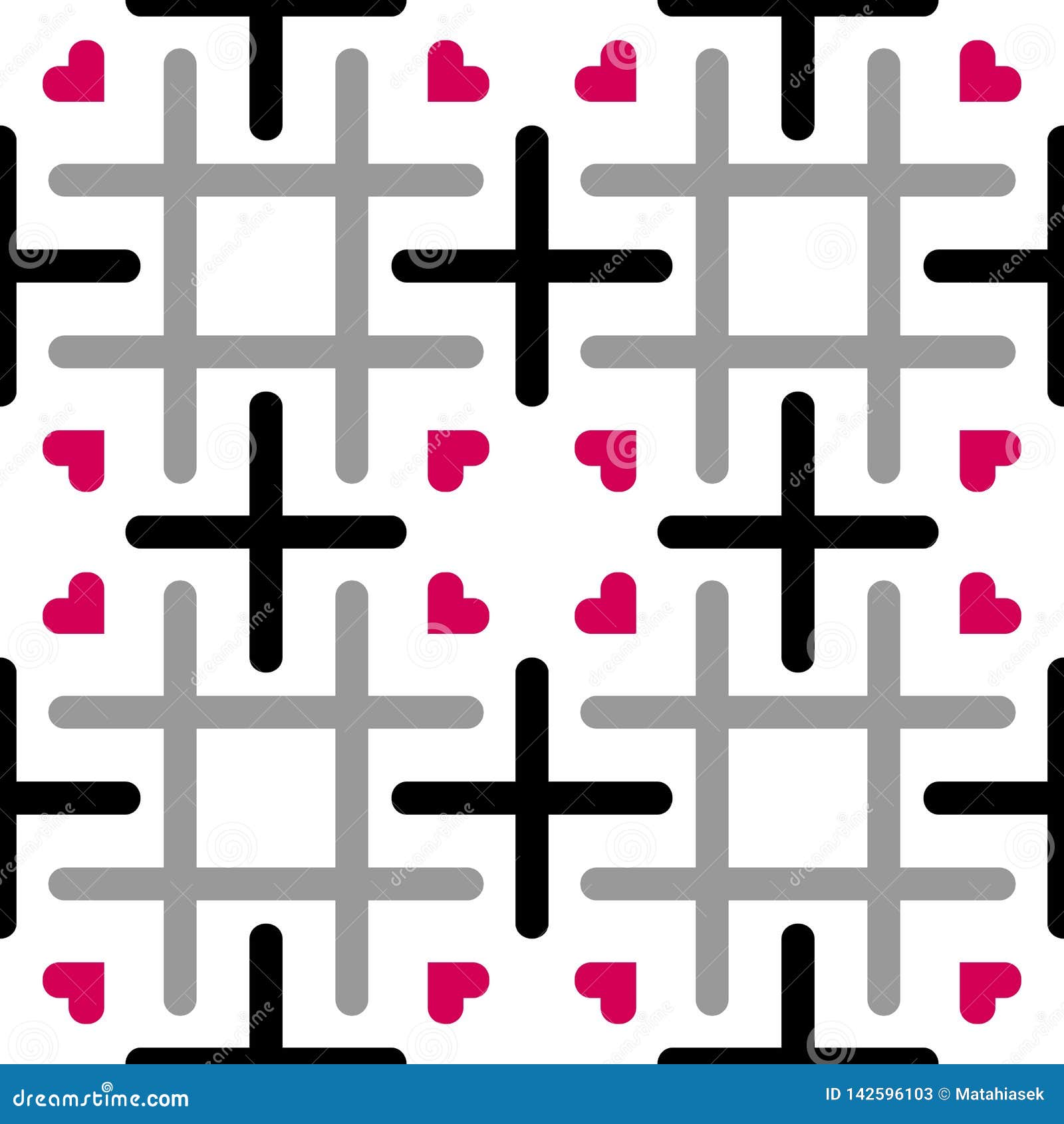 Seamless Tileable Pattern with Cross, Grid and Pink Heart Over White ...