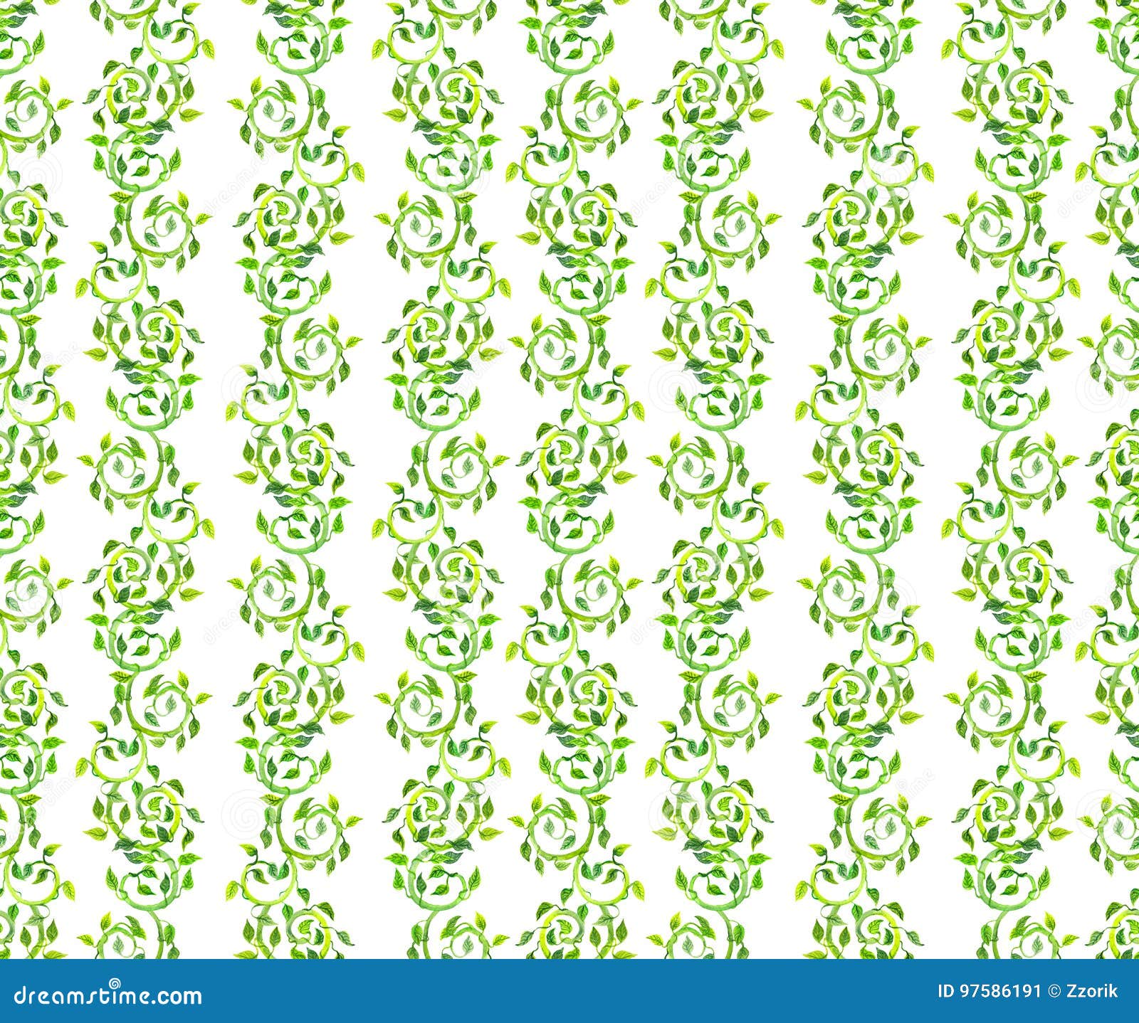 Seamless Tiled Texture - Scrolls and Green Leaves. Watercolor Stock ...