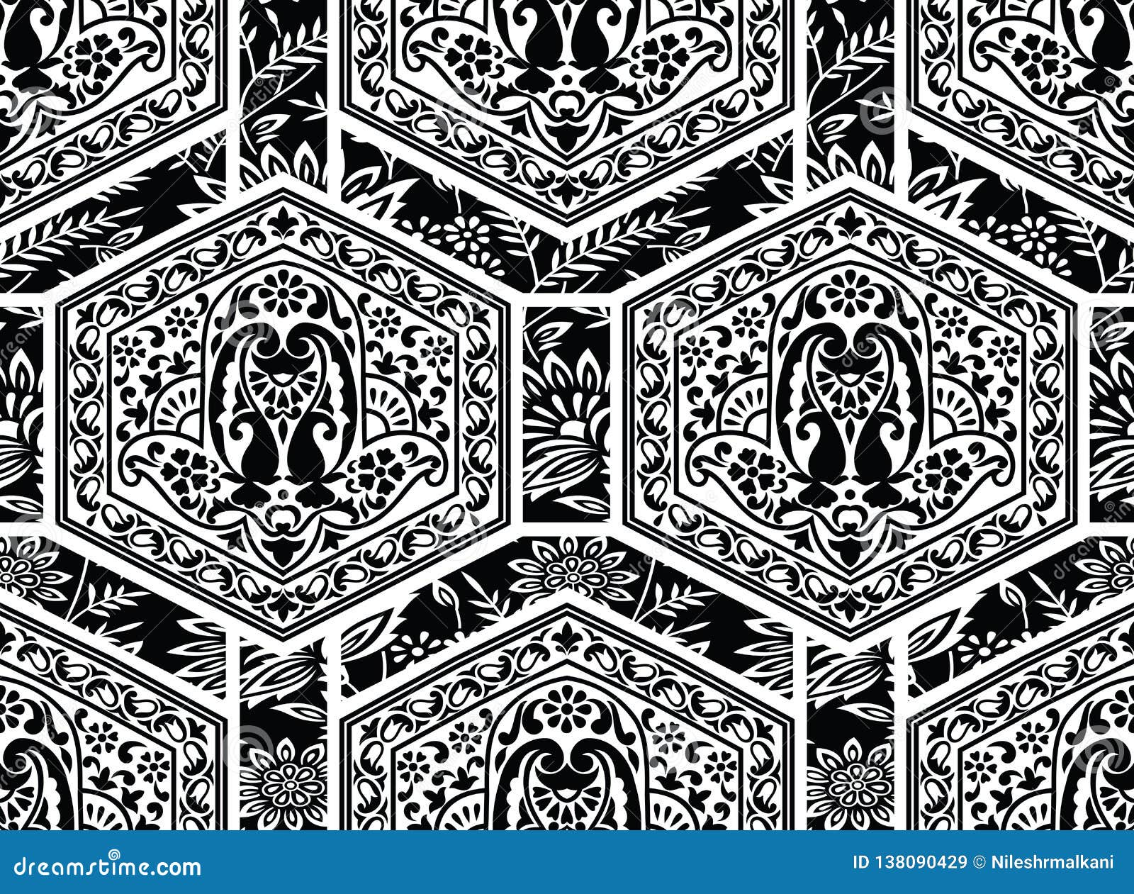 Seamless Traditional Indian Black And White Paisley Pattern Stock