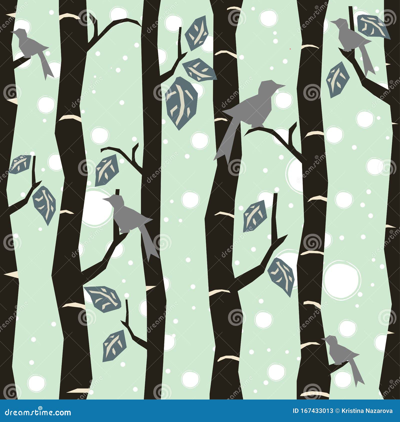 Seamless Tree Pattern with Big Birds and Leaves. Vector Illustration ...