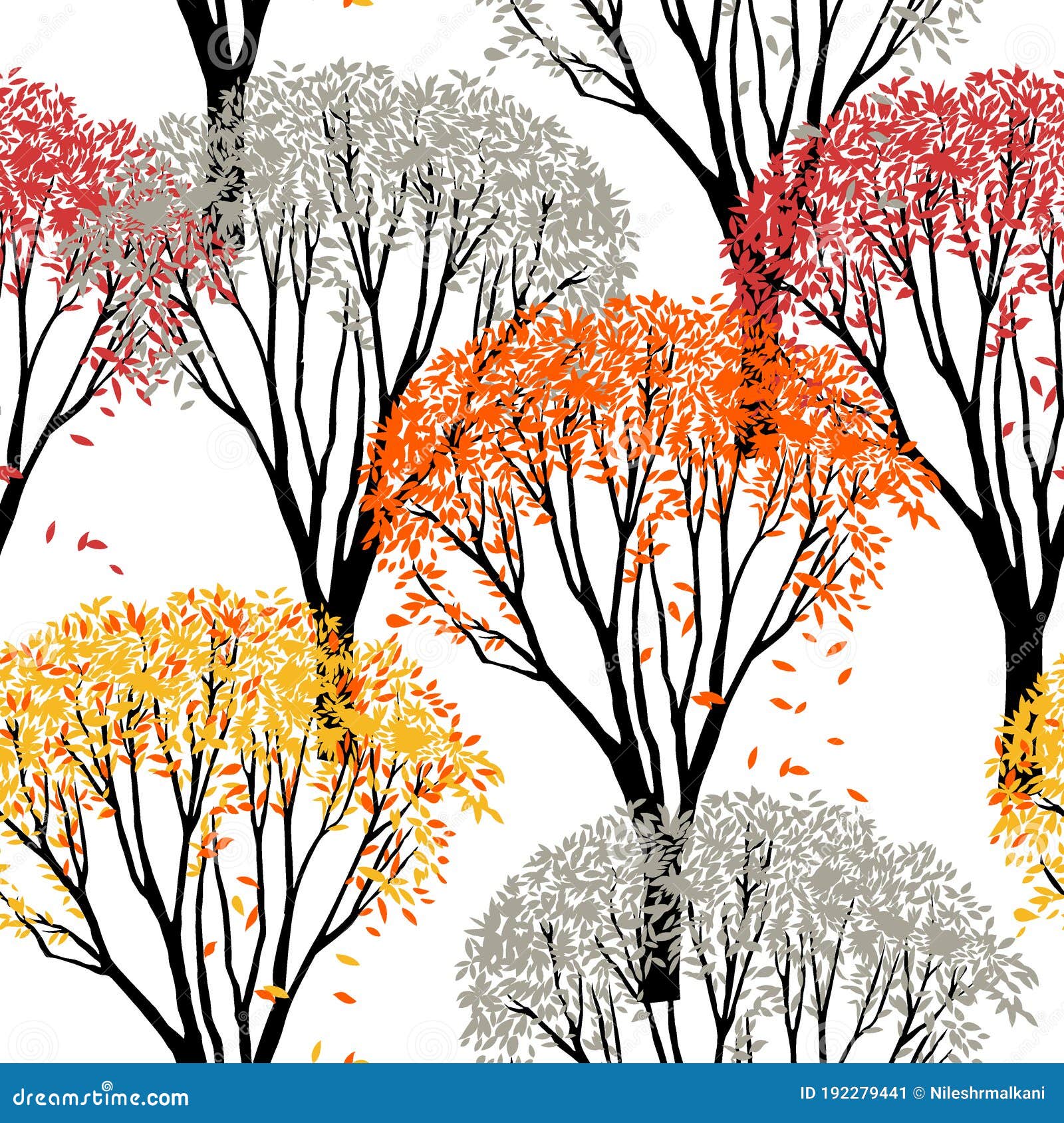Seamless Tree Pattern with Falling Leaves Stock Illustration ...