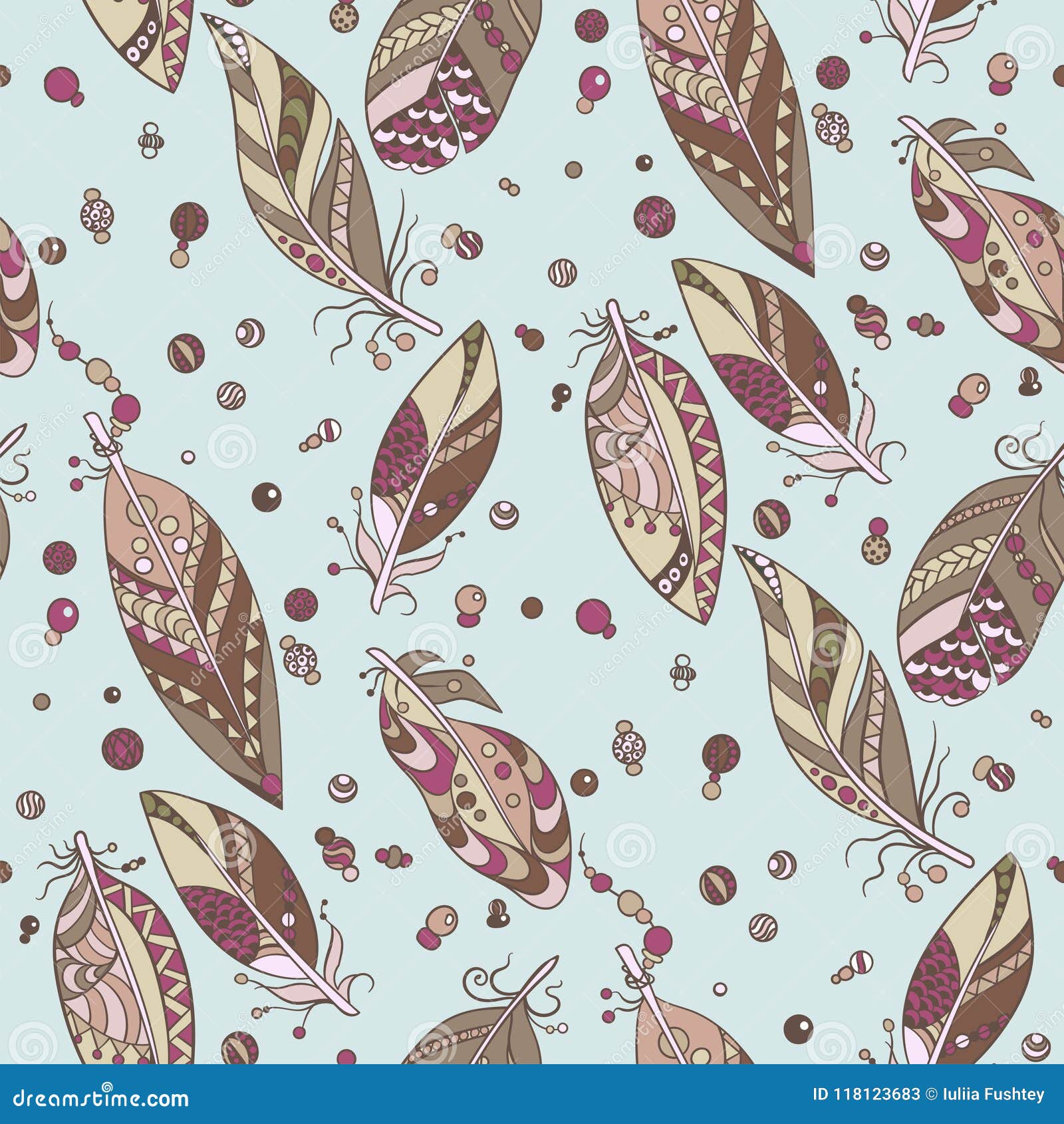 Seamless Tribal Pattern with Feathers and Beads in Vector Grap Stock ...