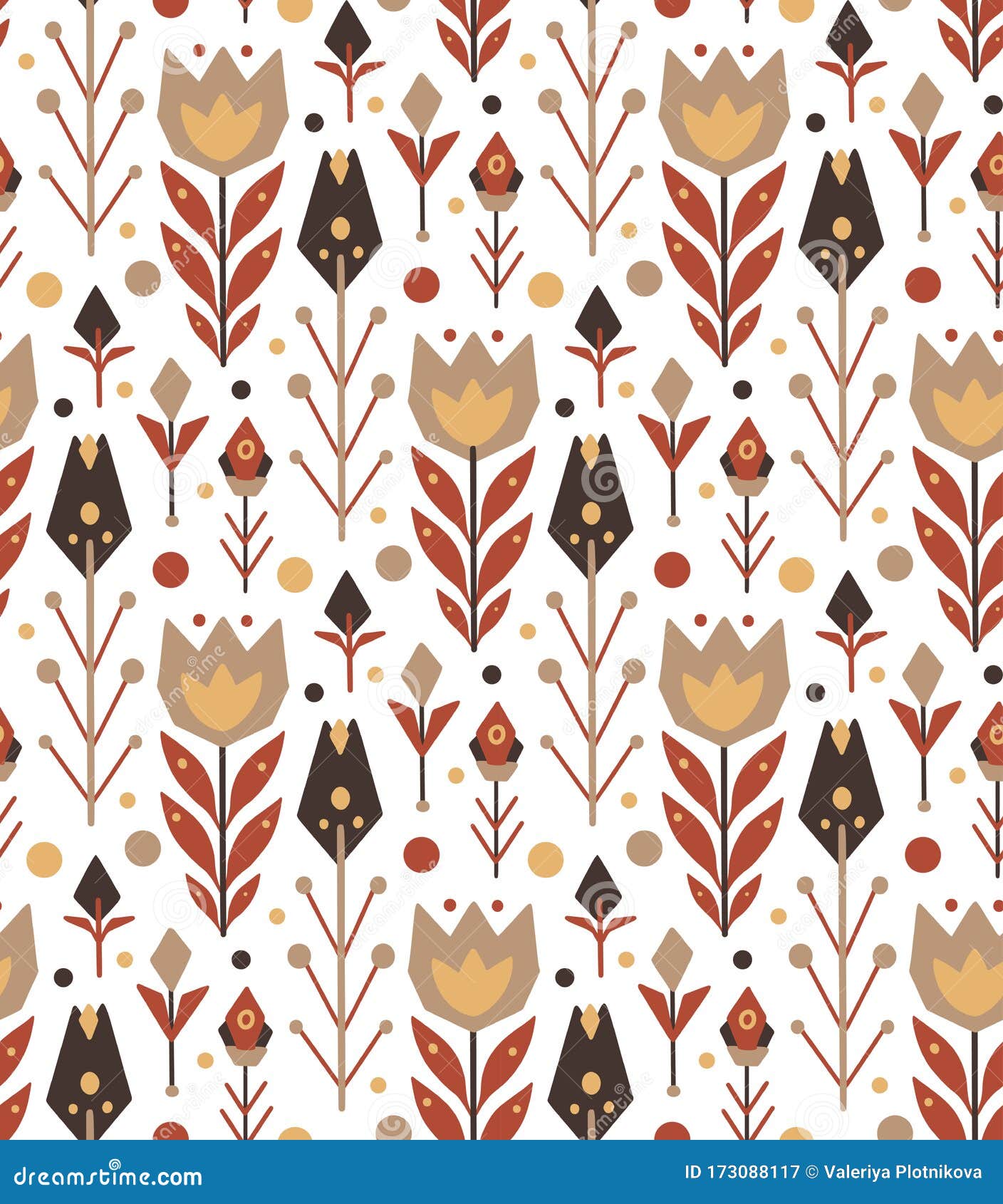 Seamless Tribal Pattern on a White Background. Tulips and Branches with ...