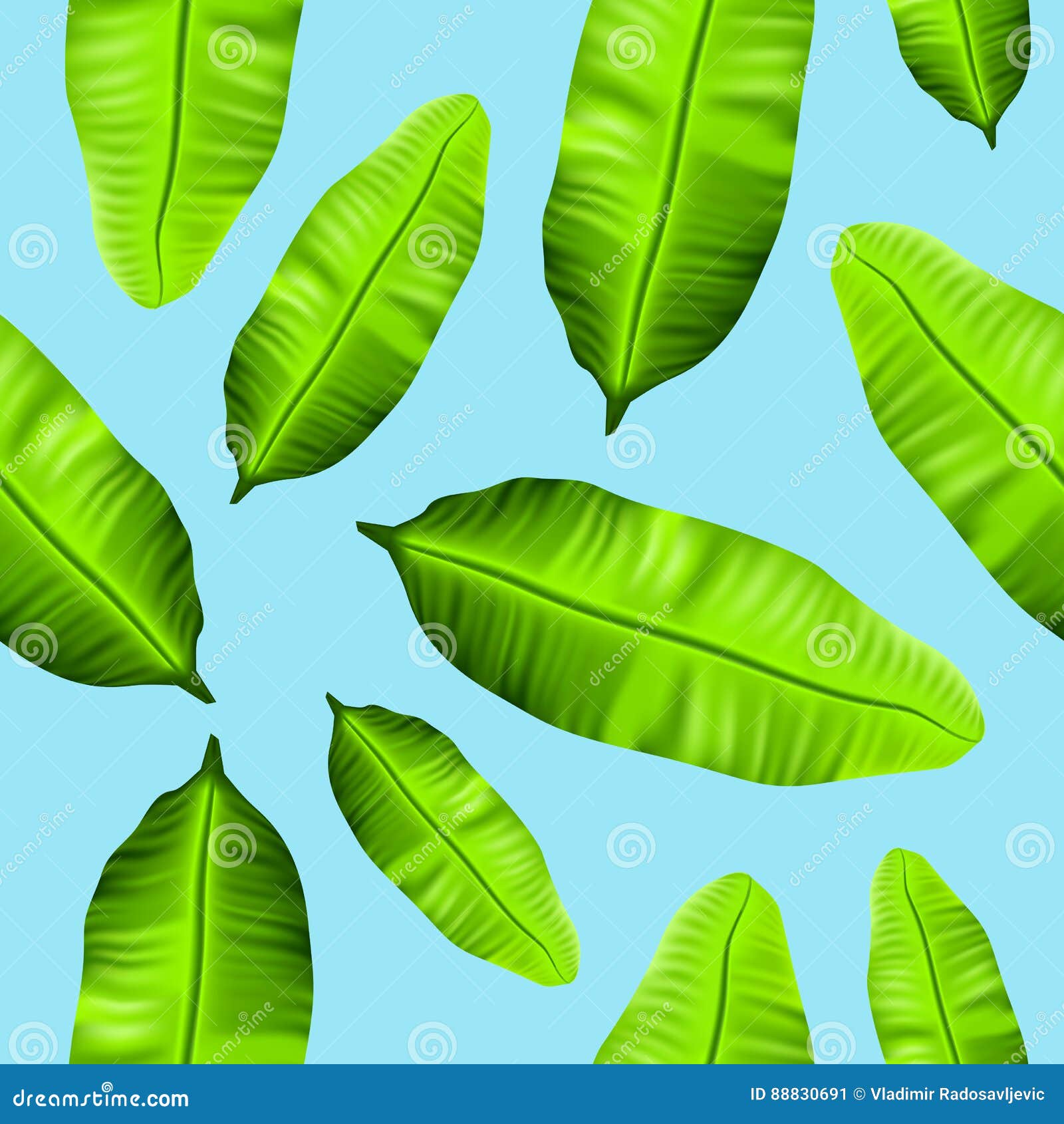Seamless Tropical Banana Leaves Pattern on Blue Background Stock Vector ...