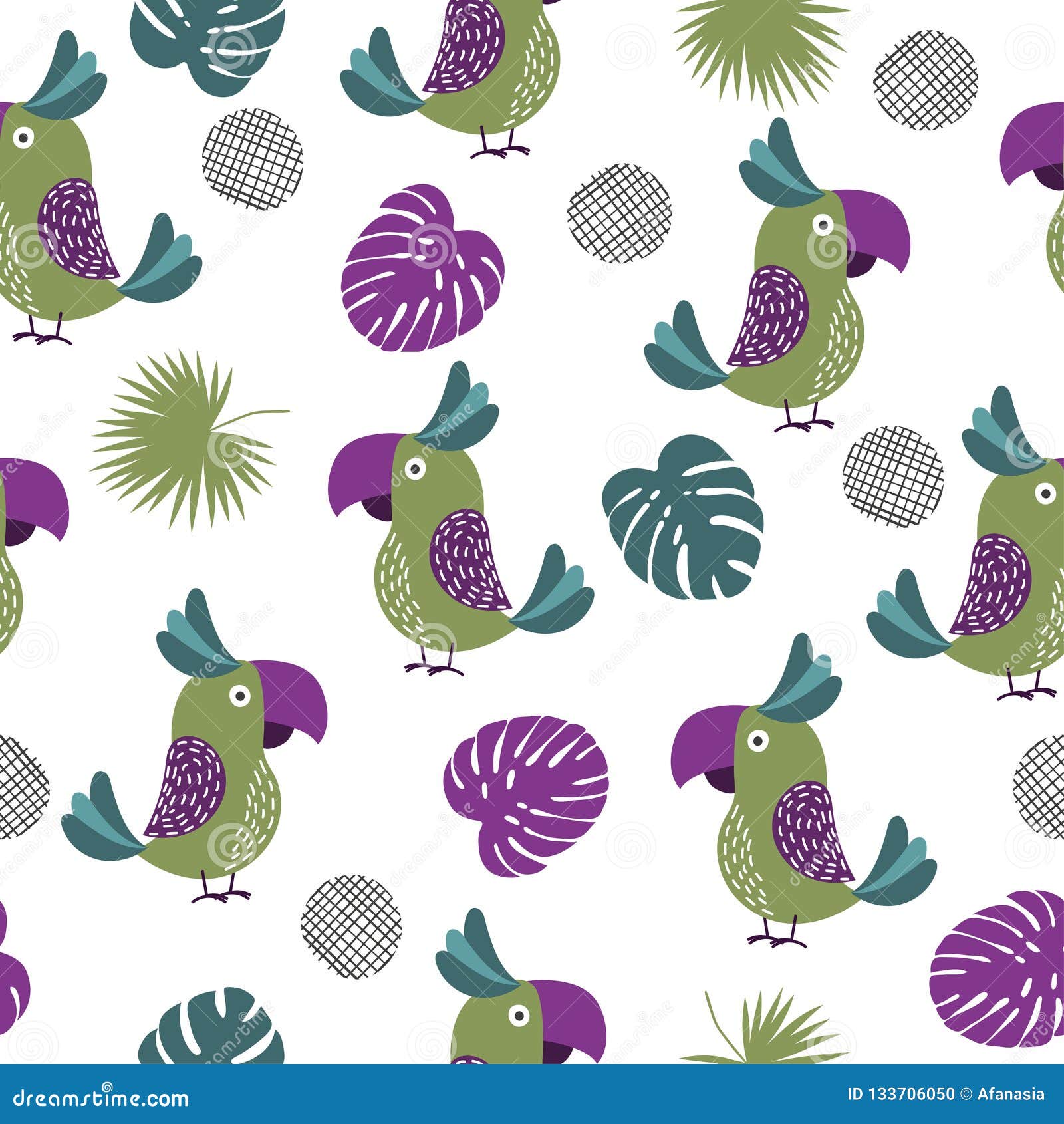 Seamless Tropical Pattern with Cartoon Parrots and Palm Leaves Stock ...
