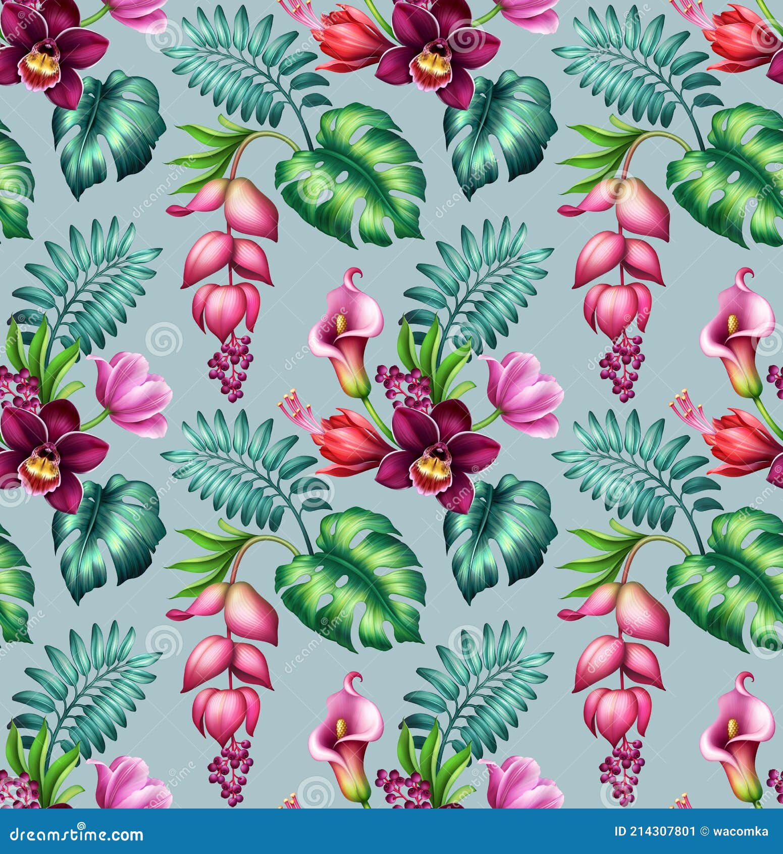 Seamless Tropical Wallpaper With Pink Flowers And Green Palm Leaves