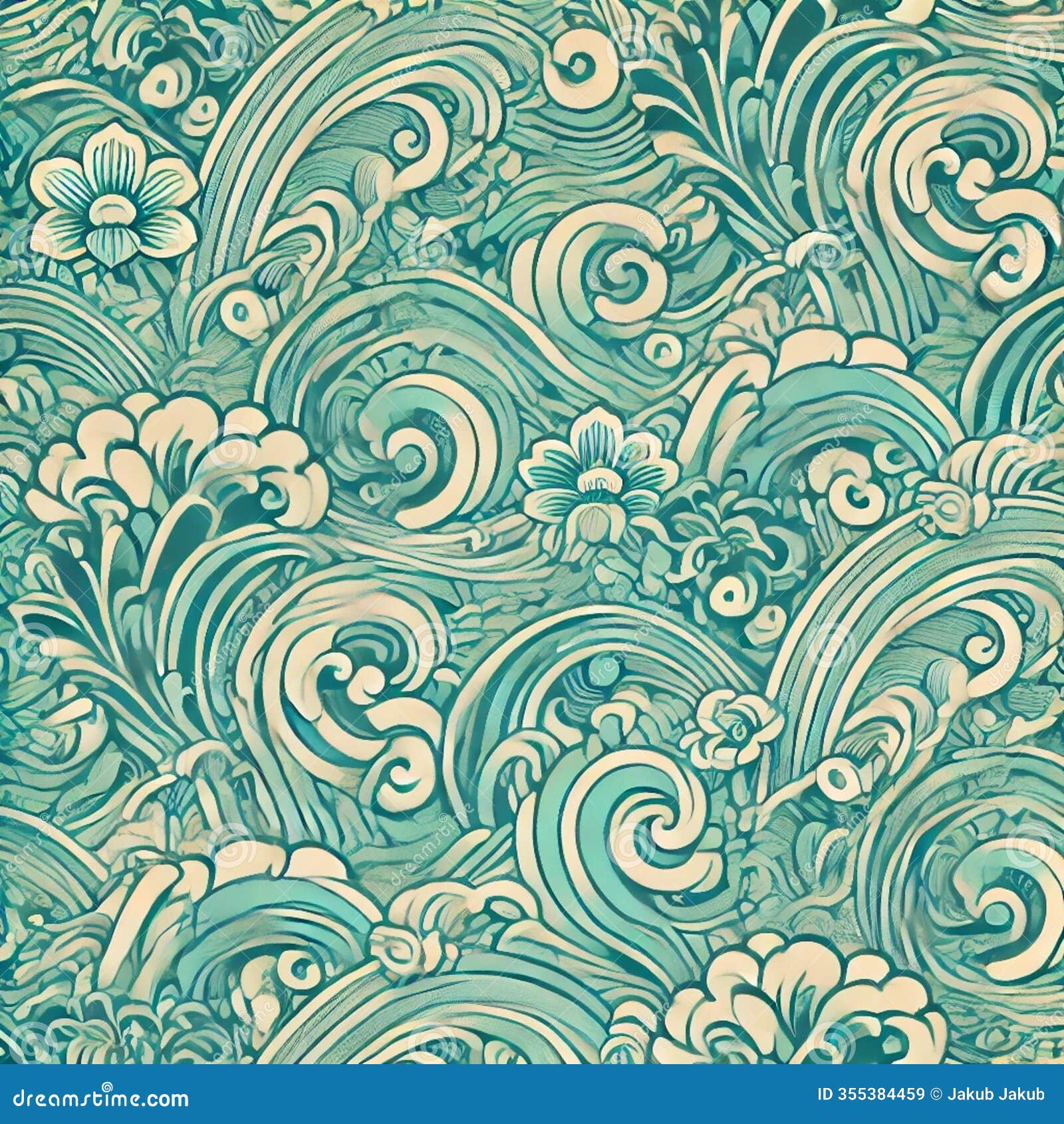 Seamless Turquoise Japanese Art Deco Floral Waves Pattern Vector Stock ...