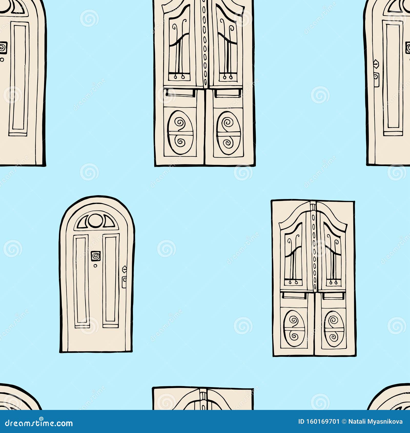Seamless Two Color Retro Door Line Hand Draw Pattern. Vector ...