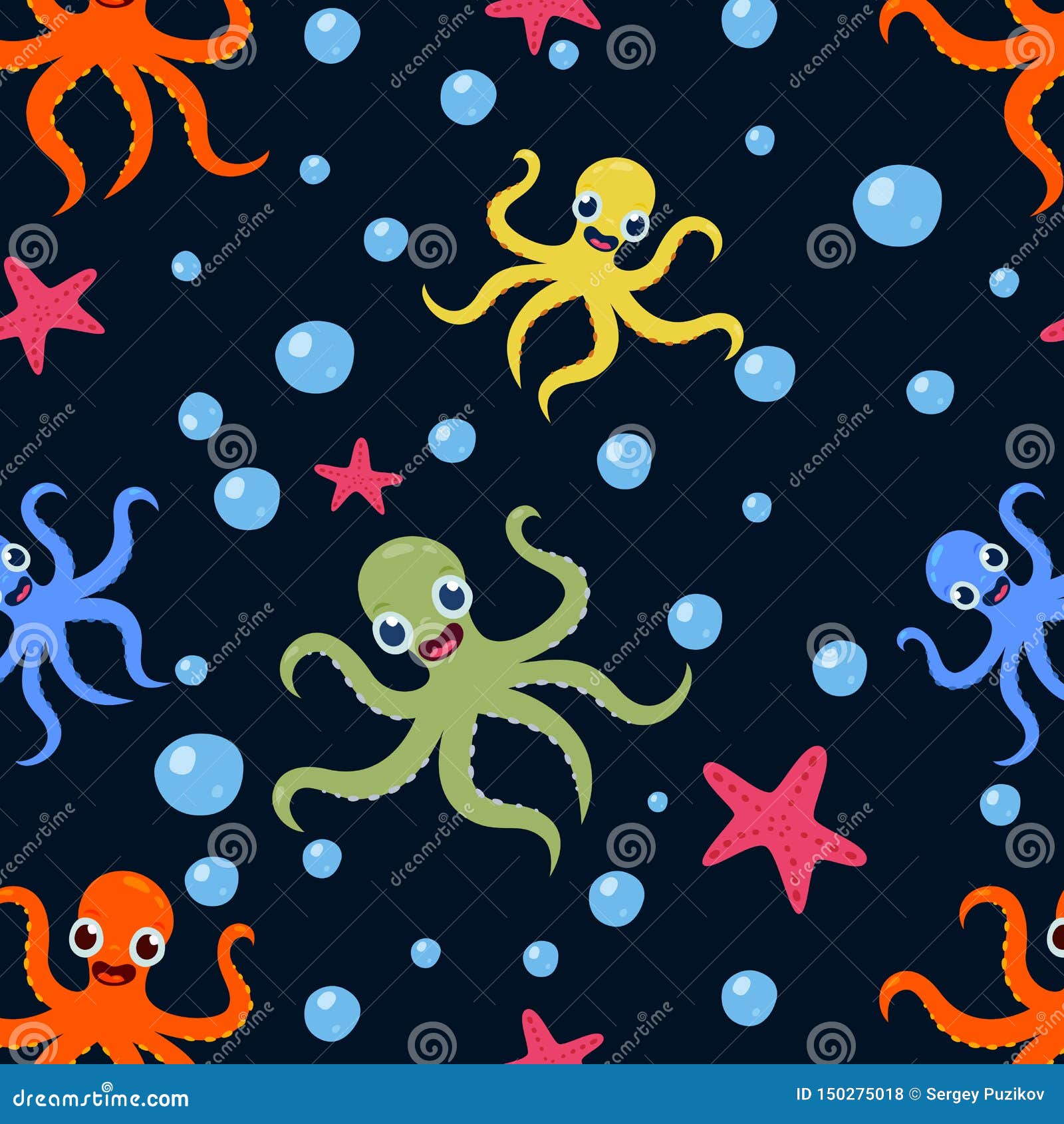 Seamless Underwater Pattern with Cute Octopuses Vector Cartoon ...