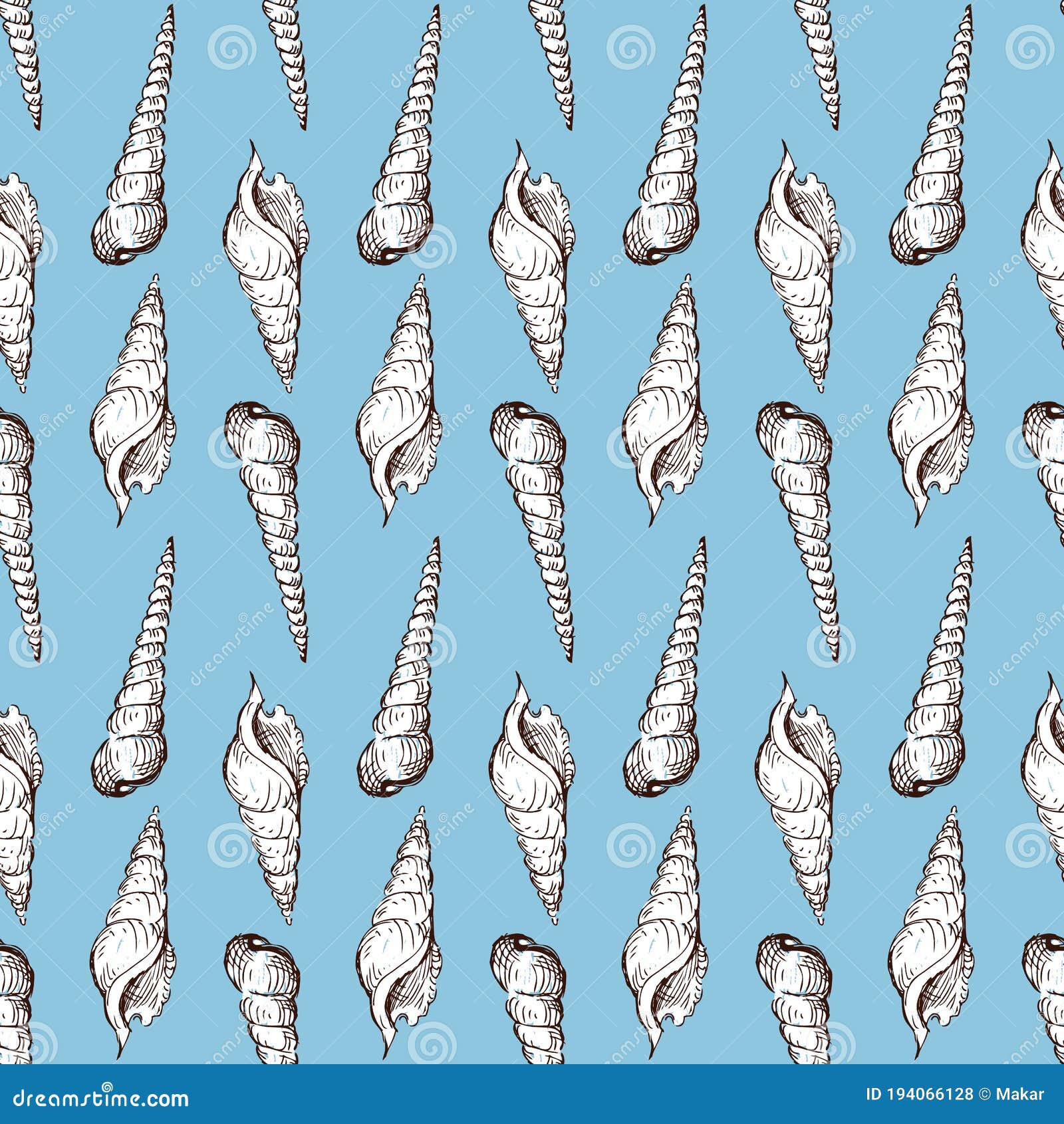 Seamless Vector Background of Sketches Various Spiral Seashells Stock ...