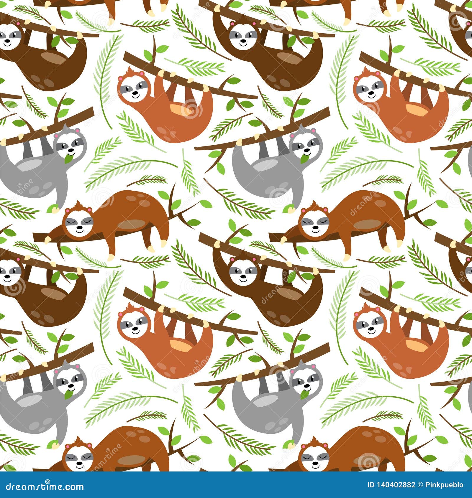 Seamless Vector Background with Sloths, Tree Branches and Leaves Stock ...