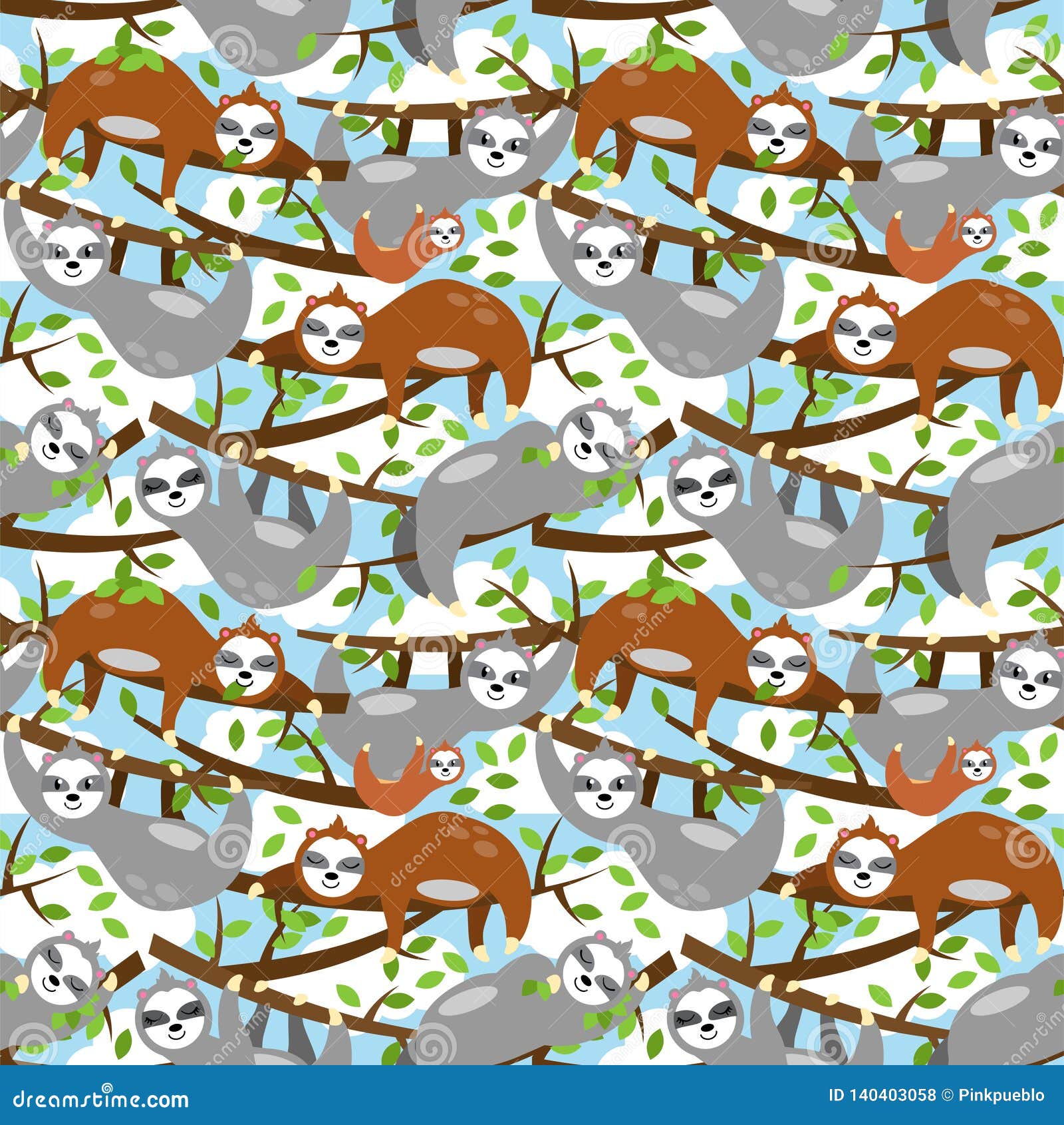 Seamless Vector Background with Sloths, Tree Branches and Leaves Stock ...