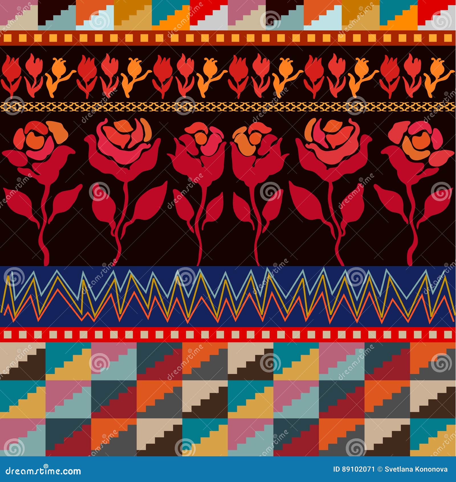Seamless Vector Border with Roses Inspired by Folk Art. Stock Vector ...