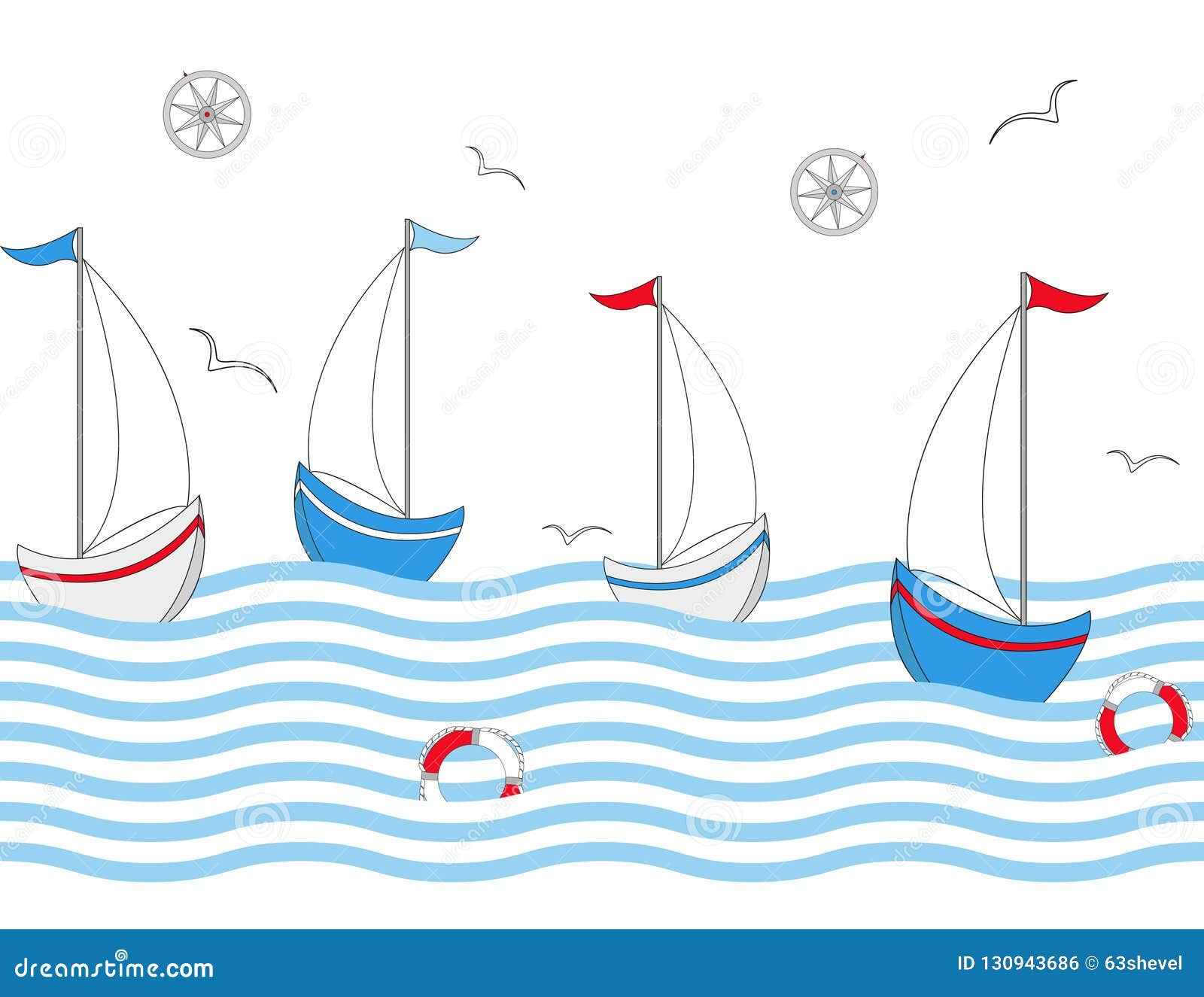 Seamless Vector Border with Sailing Ships, Seagulls, Sea Waves. Stock ...