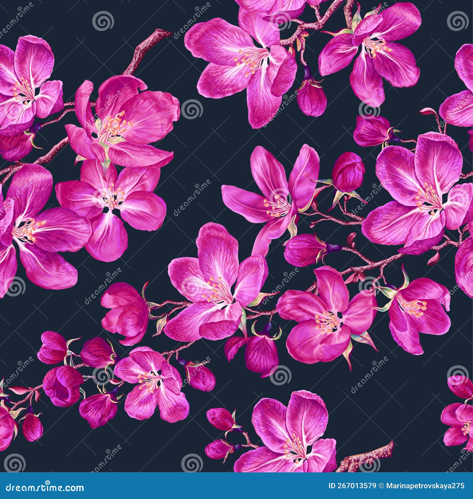 Seamless Vector Botanical Pattern With Flowering Tree Branches Pink
