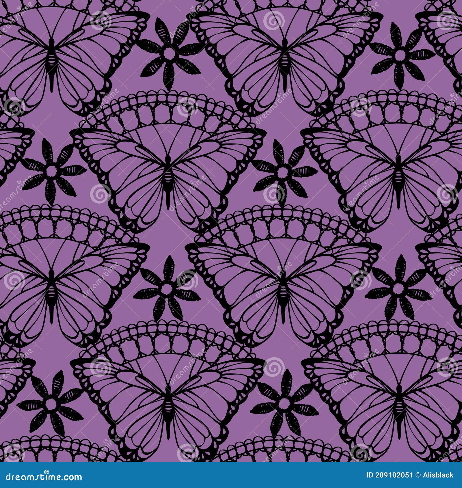 Seamless Vector Dark Purple Pattern with Lace Patterns of Butterflies ...