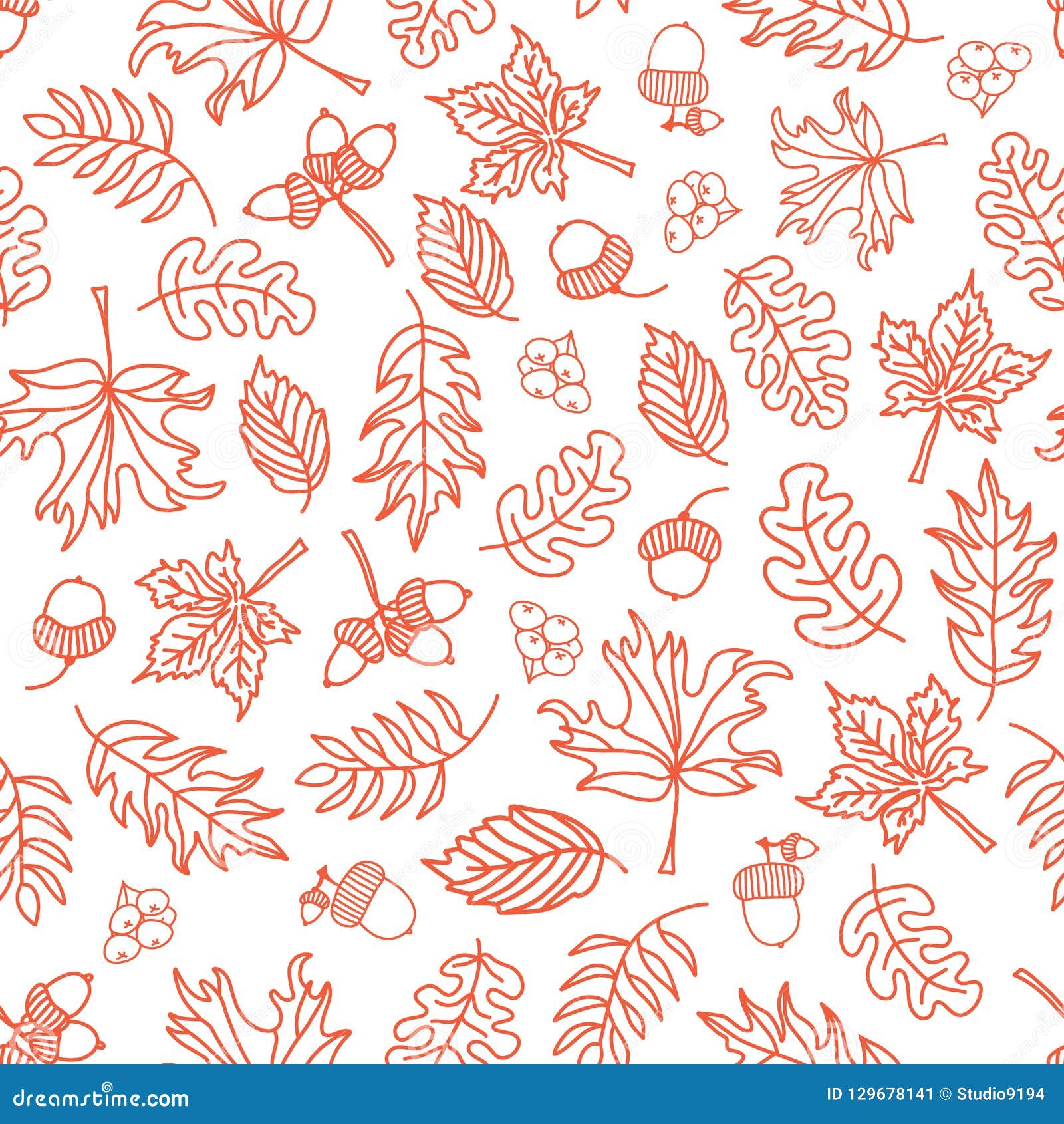 Seamless Vector Doodle Leaves Background. Orange Leaves on a Whi Stock ...