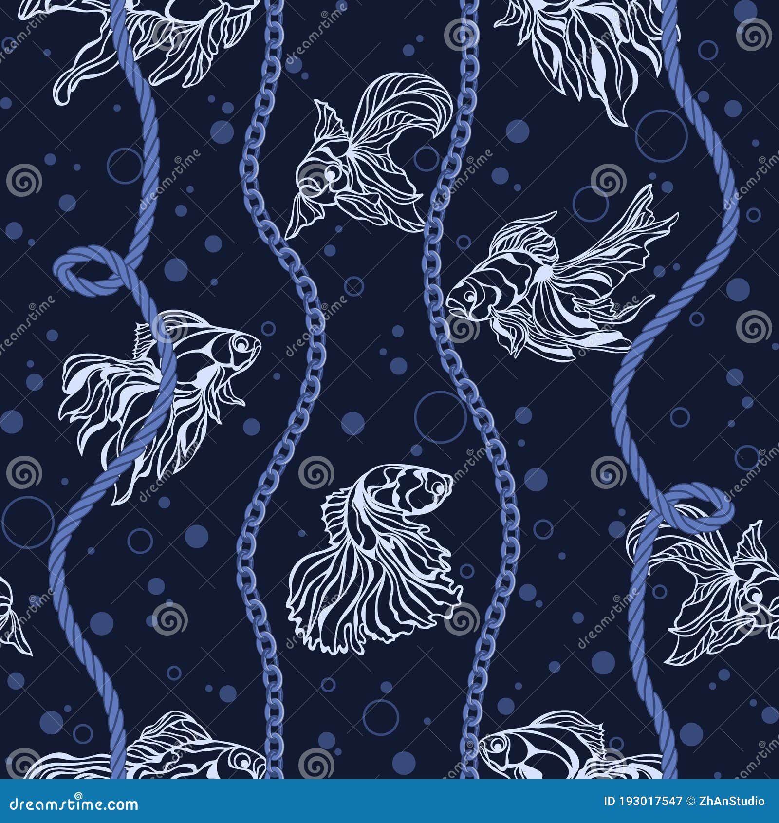 Seamless Vector Floral Pattern Background with Hand Drawn Fish, Chain ...