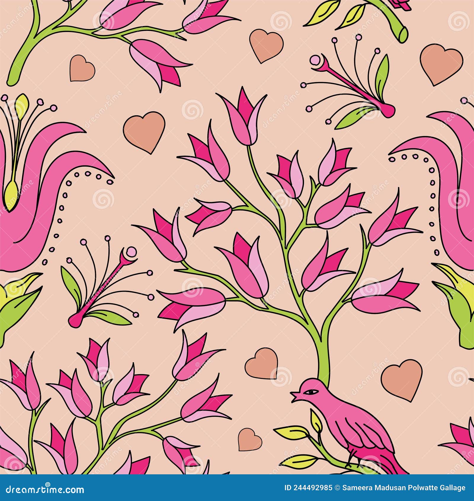 Seamless Vector Flower, Birds Design Pattern Stock Vector ...