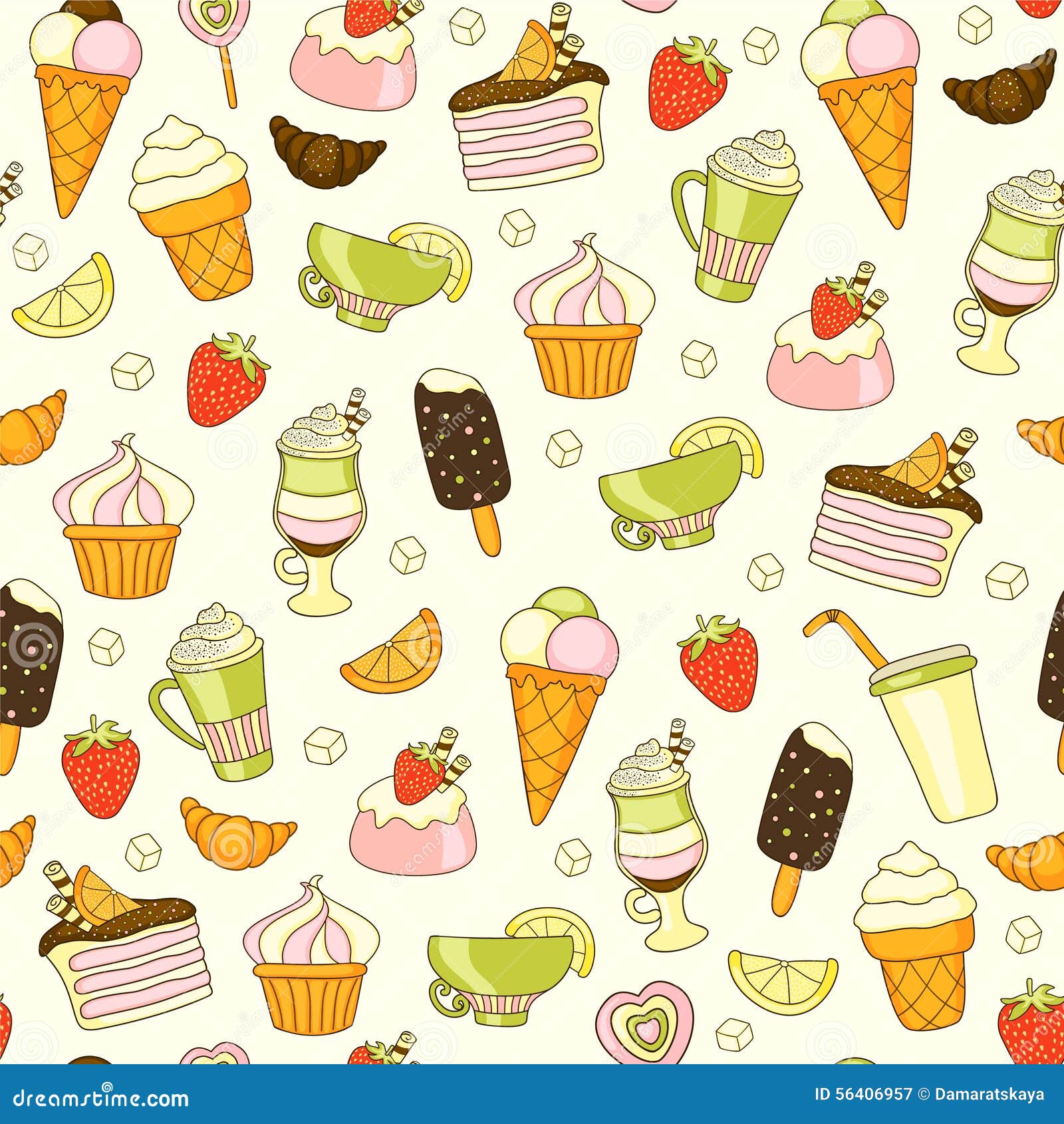 Seamless Vector Food Background with Sweets, Ice-cream, Cake and Coffee ...