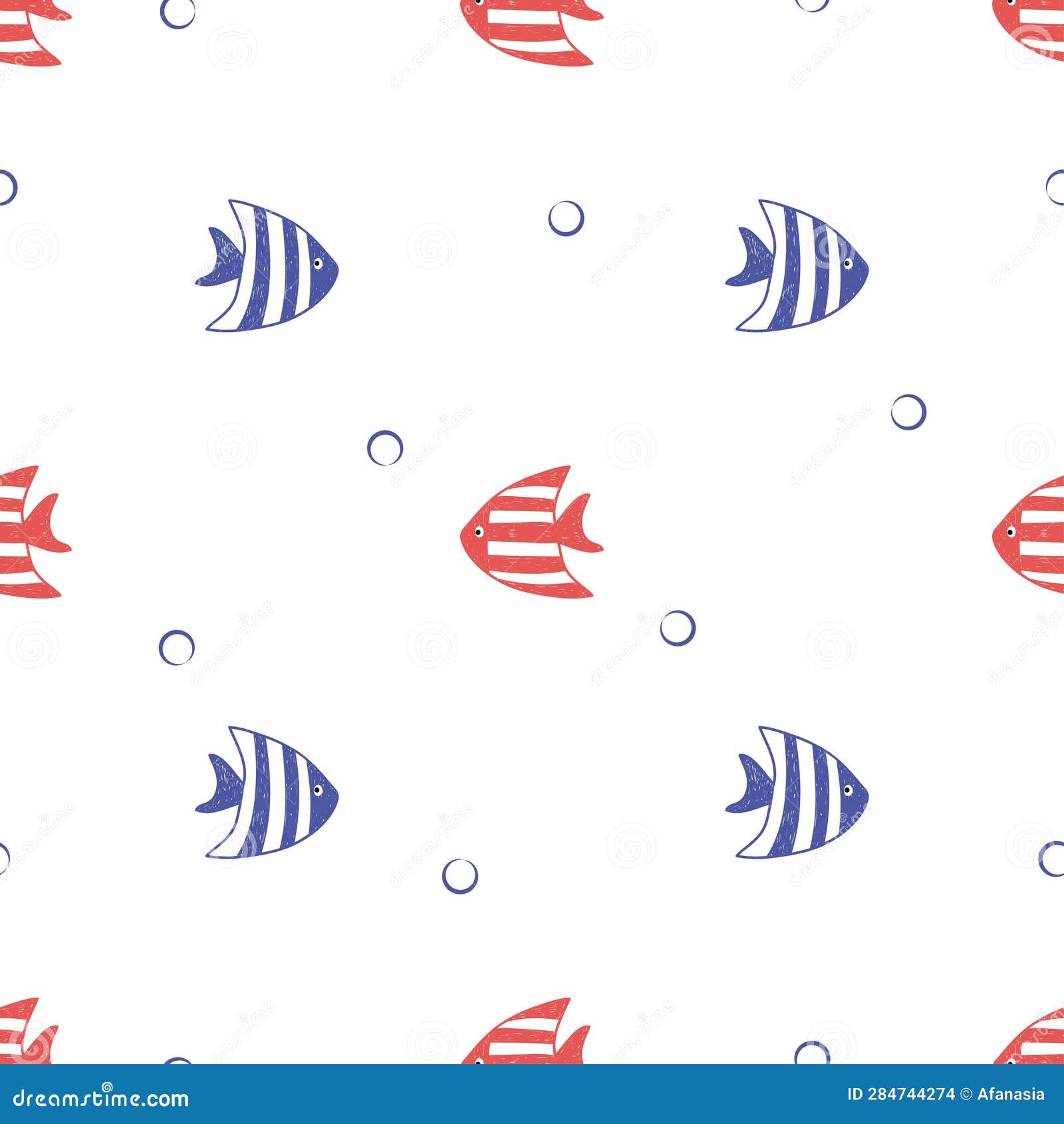 Seamless Vector Hand Drawn Fish Pattern in Red and Blue Colors Stock ...