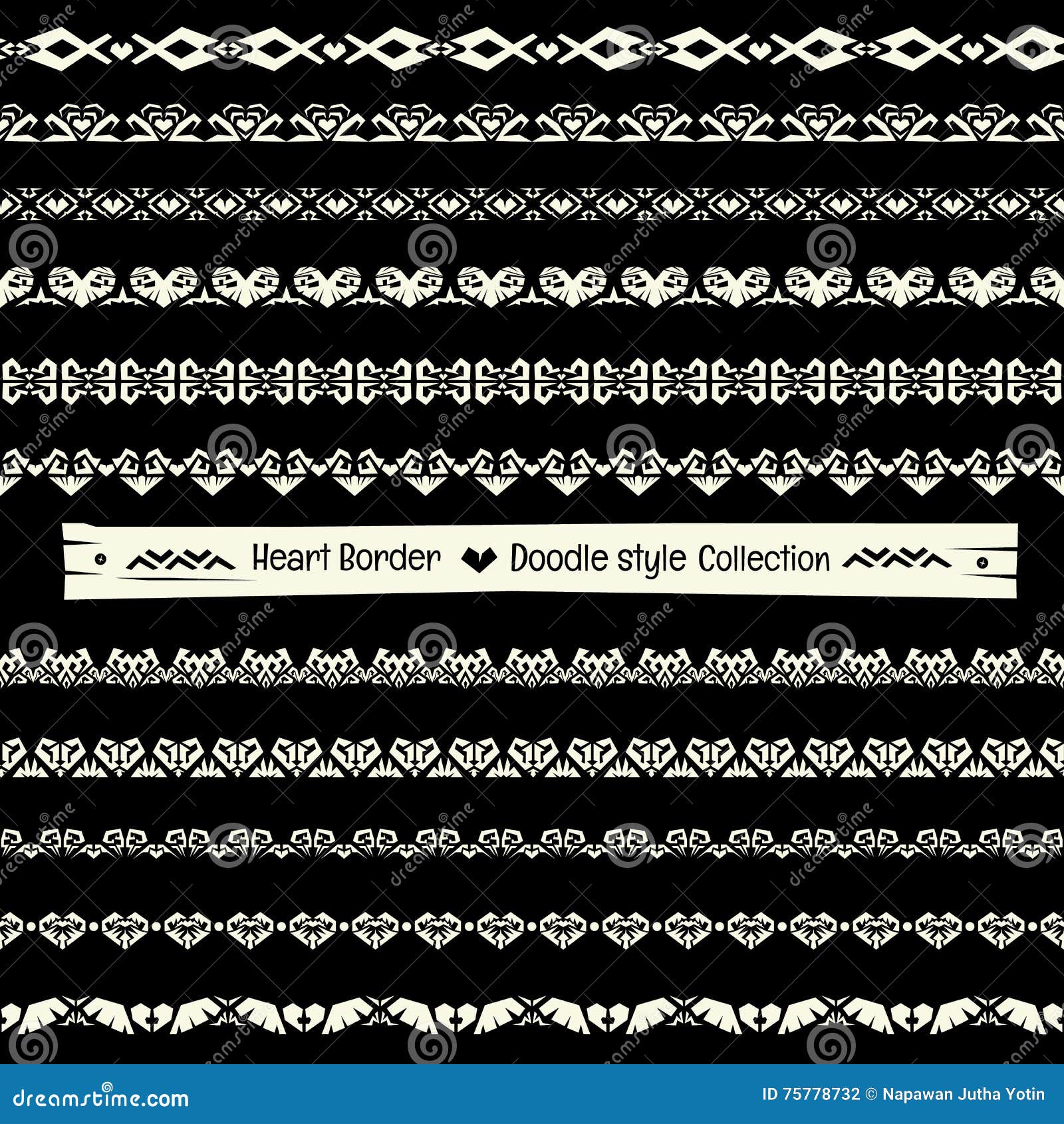 Seamless Vector Heart Border Collection in Monochrome Background Stock ...
