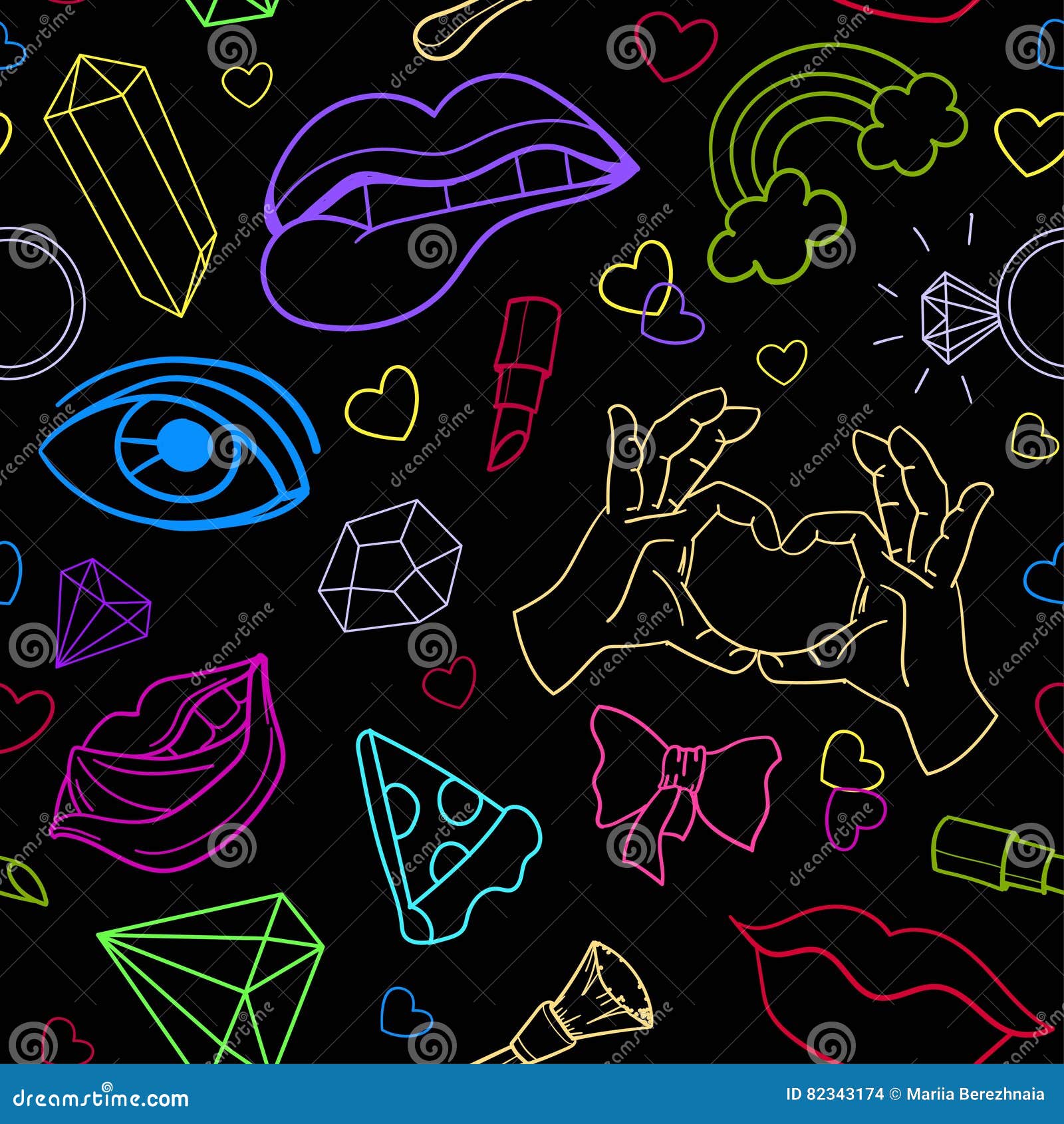 Seamless Vector Neon Pattern with Doodle Elements. Stock Vector ...