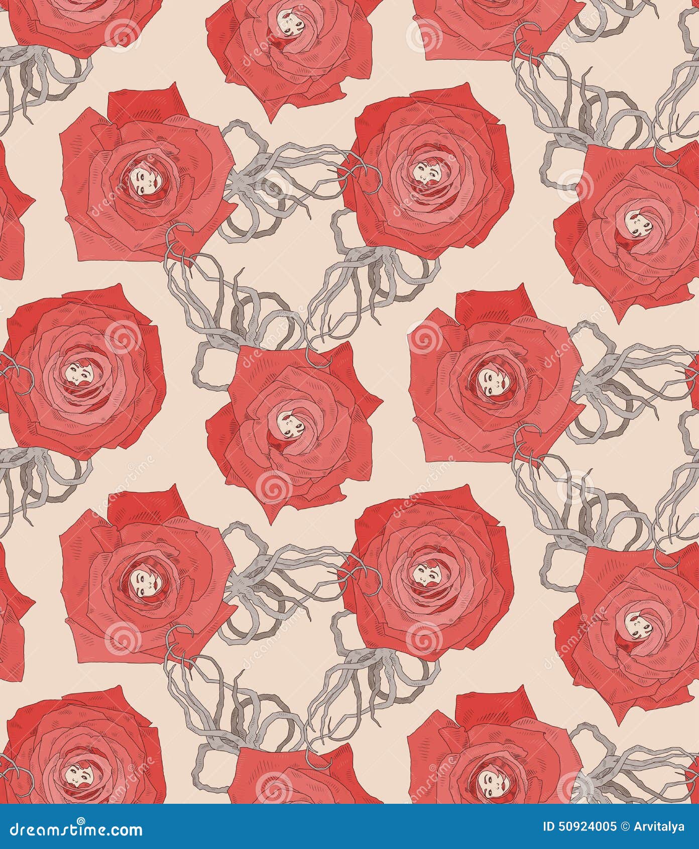Seamless Vector Pattern with Abstract Cartoon Roses Stock Vector ...