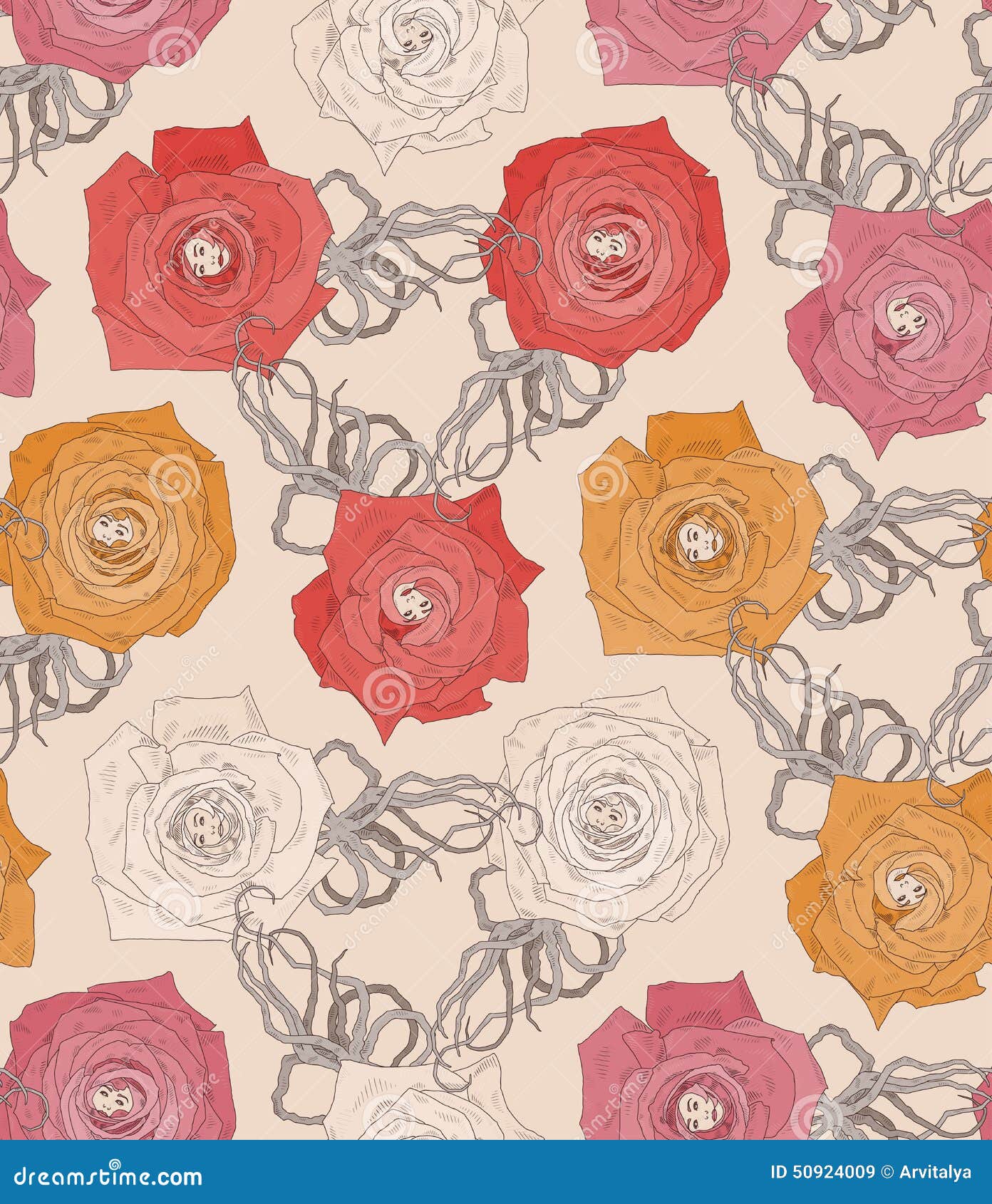 Seamless Vector Pattern with Abstract Cartoon Roses Stock Vector ...
