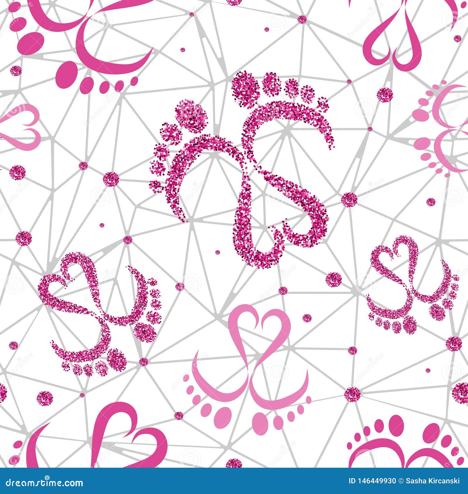 Seamless Vector Pattern of Baby Feet and Heart with Glitter Effect ...