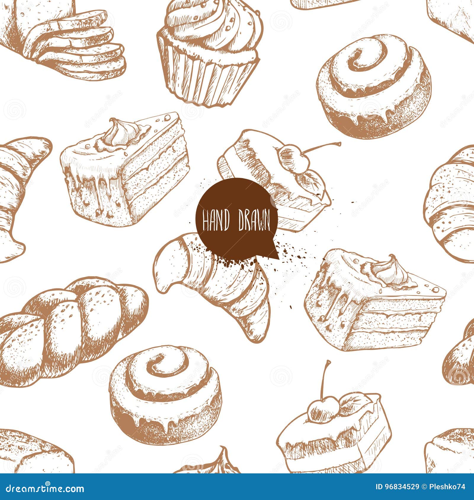 Seamless Vector Pattern with Bakery Goods. Bread, Bun, Iced Cinnamon ...
