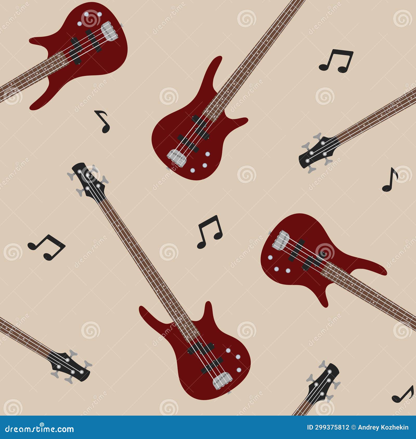 Seamless Vector Pattern with Bass Guitars and Notes Stock Illustration ...