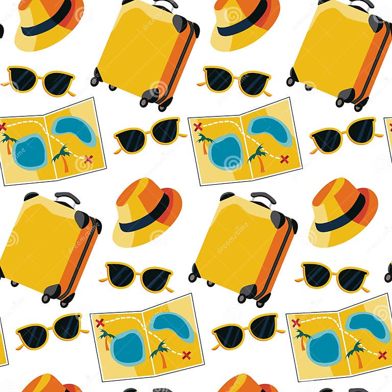 Seamless Vector Pattern with Beach-themed Elements Sunglasses, Suitcase, Map, and Hat. Ideal for ...