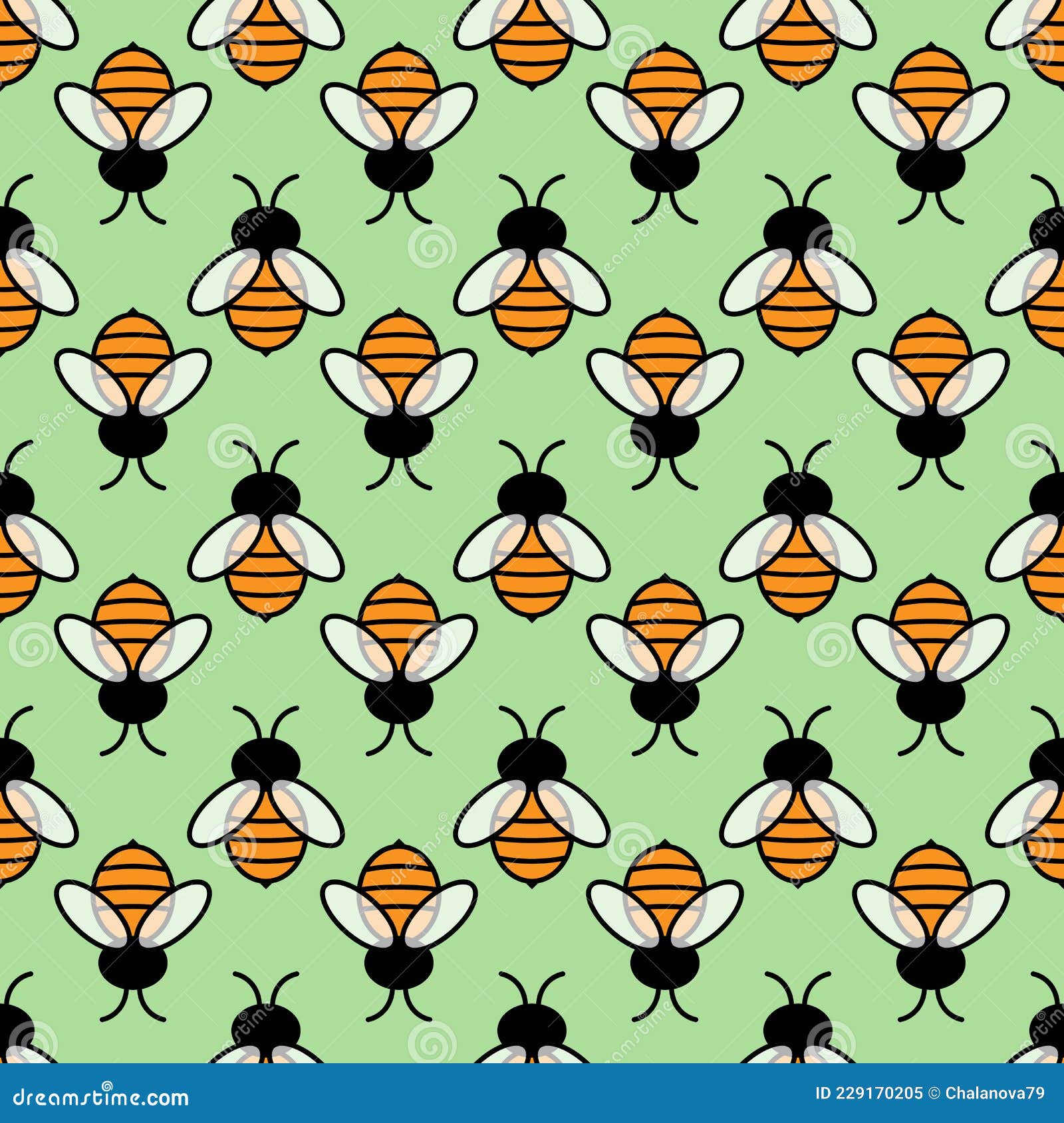 Seamless Vector Pattern with Bees on Green Background Stock Vector ...