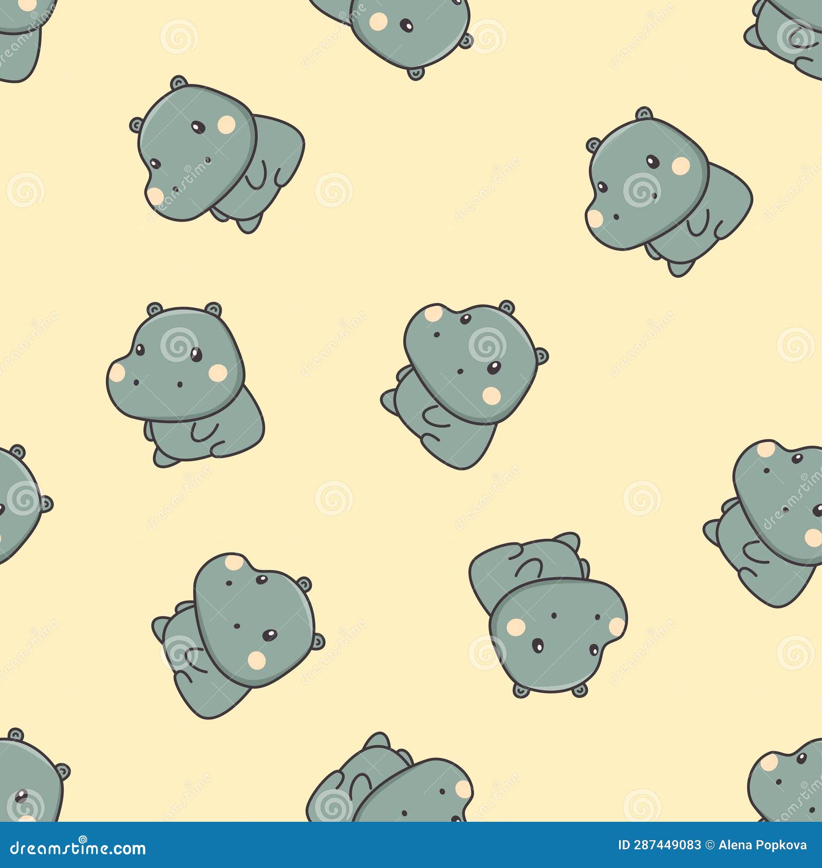 Seamless Vector Pattern on Beige Background. Cute Gray Hippo Stock ...