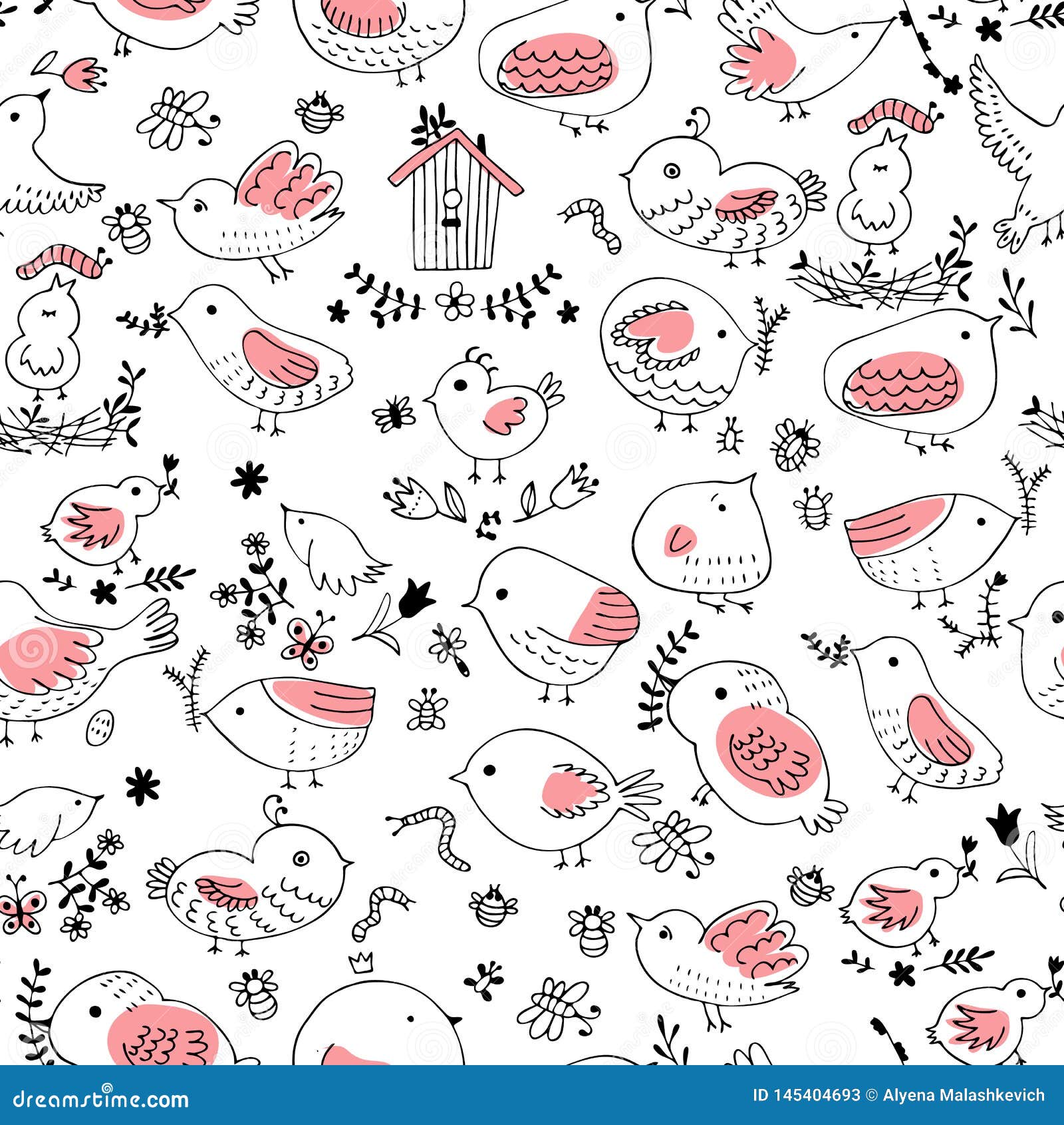 Seamless Vector Pattern of Birds.Collection of Cute Hand Drawn Bird ...