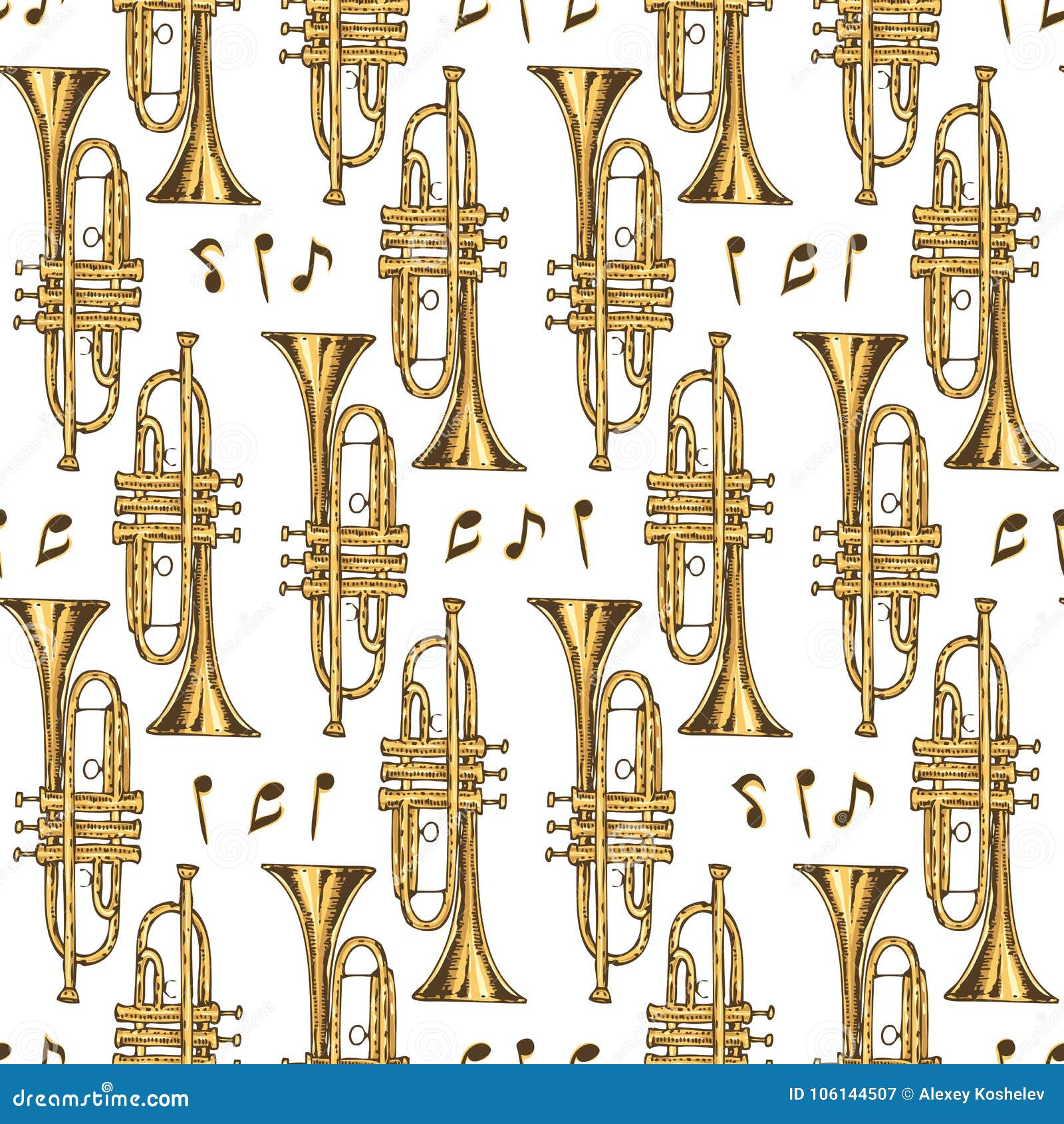 Seamless Pattern. Brass Trumpets and Notes Stock Illustration ...