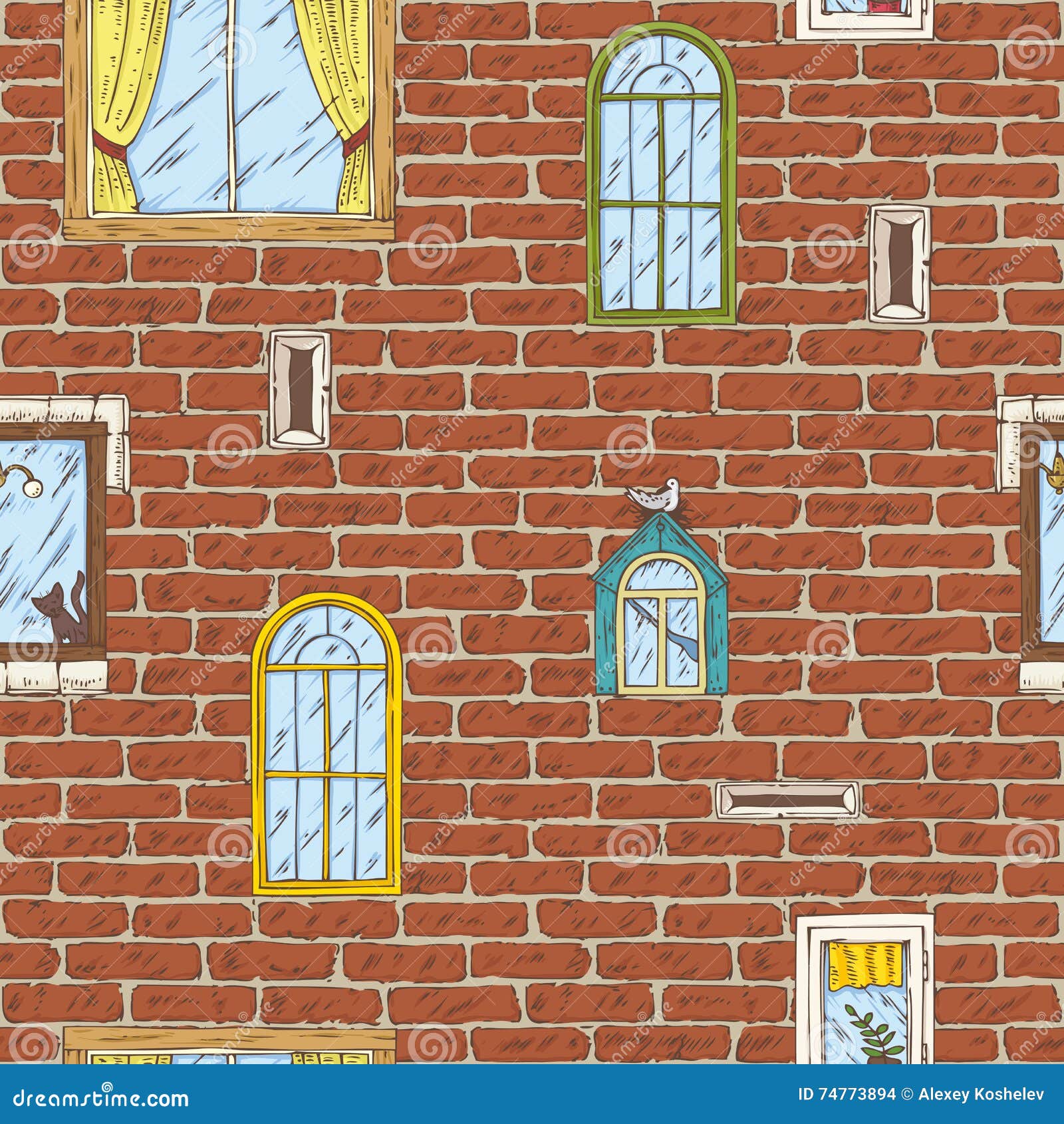Seamless Vector Pattern with Brick Wall and Color Windows Stock ...