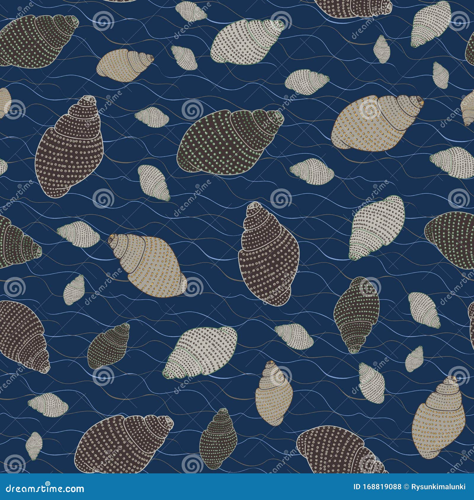 Seamless Vector Pattern with Brown and Beige Shells on a Navy Blue ...