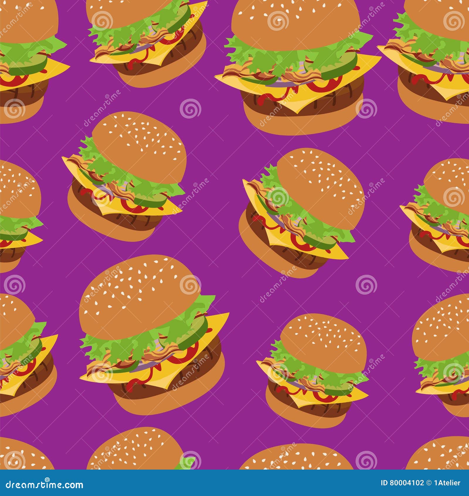 Seamless Vector Pattern with Burger Image. Cheeseburger Purple ...
