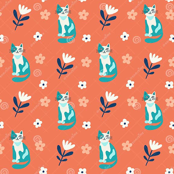 Seamless Vector Pattern Cat and Flowers on Orange Stock Illustration - Illustration of seamless ...