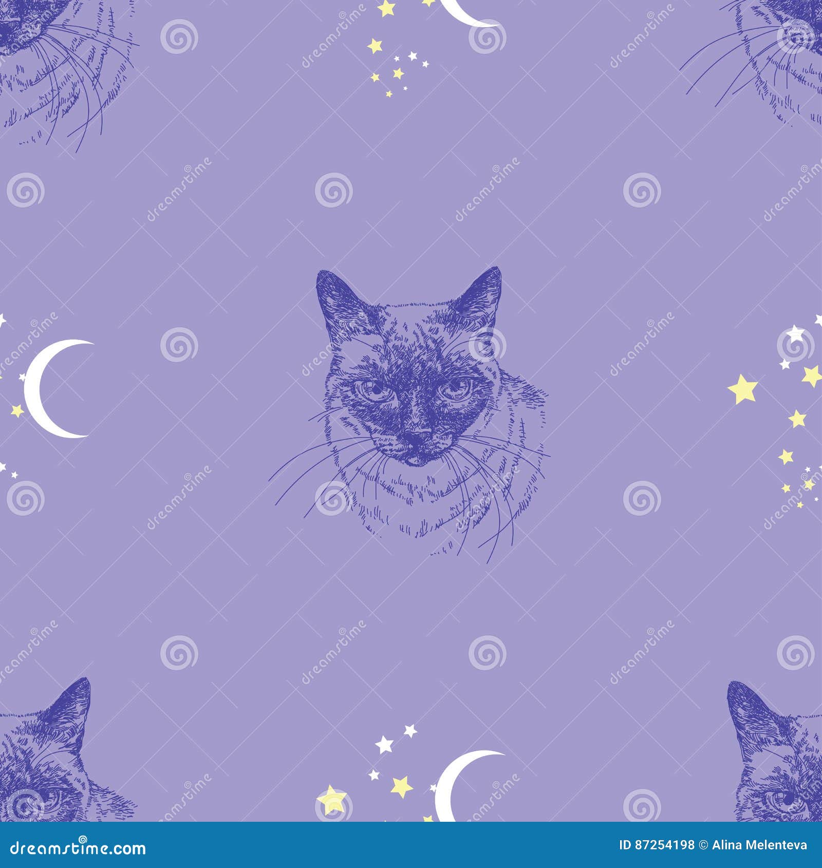 Seamless Vector Pattern with Cat, Stars and Moon on Blue Background ...