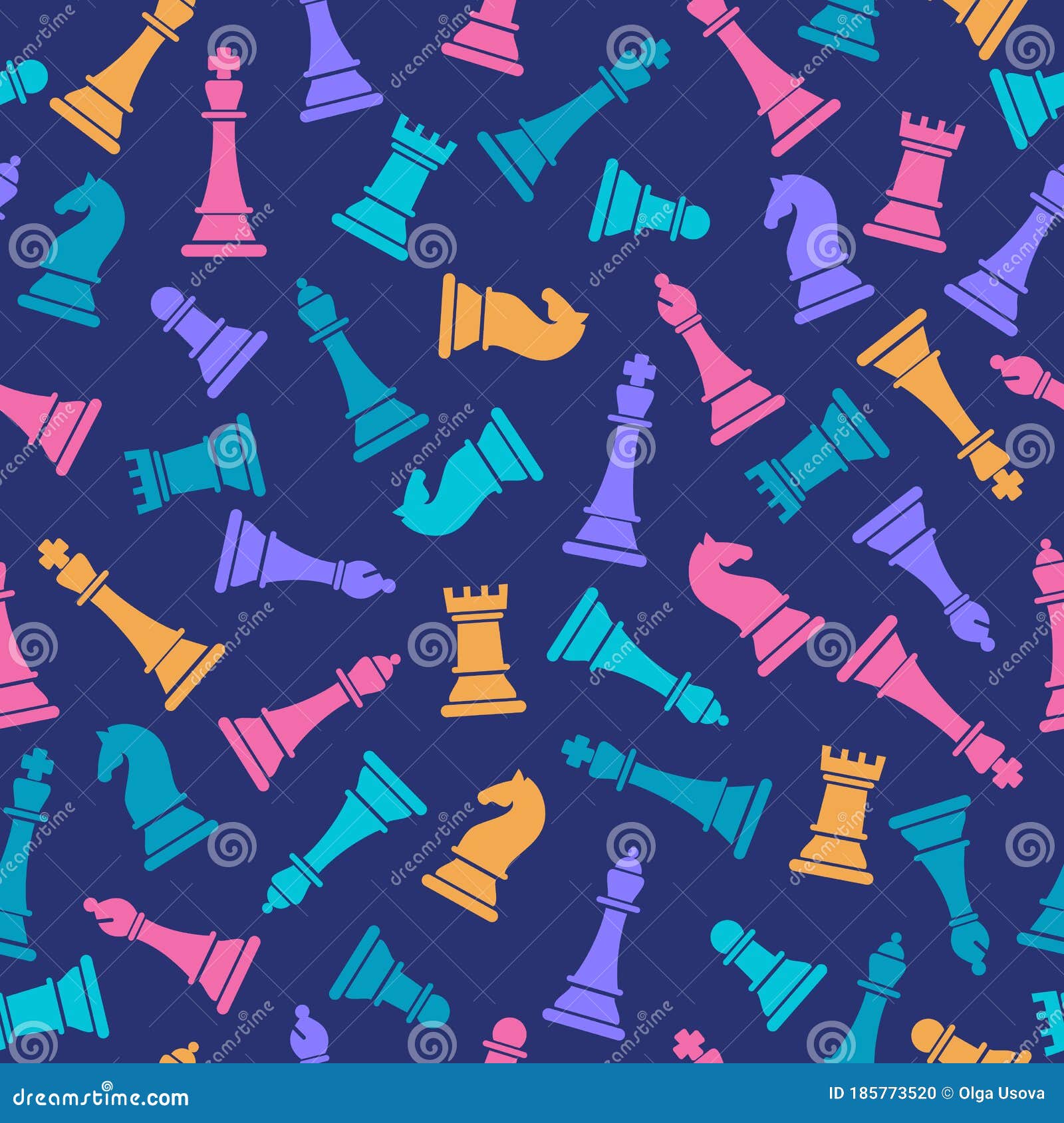 Seamless Vector Pattern with Colored Chess on Blue. Chess Pieces ...