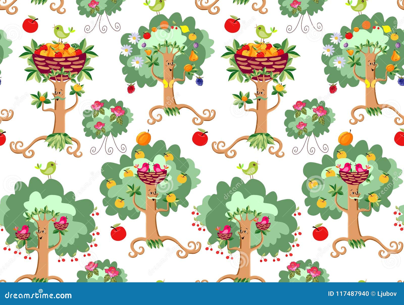 Seamless Vector Pattern with Cute Cartoon Dancing Trees Stock Vector ...