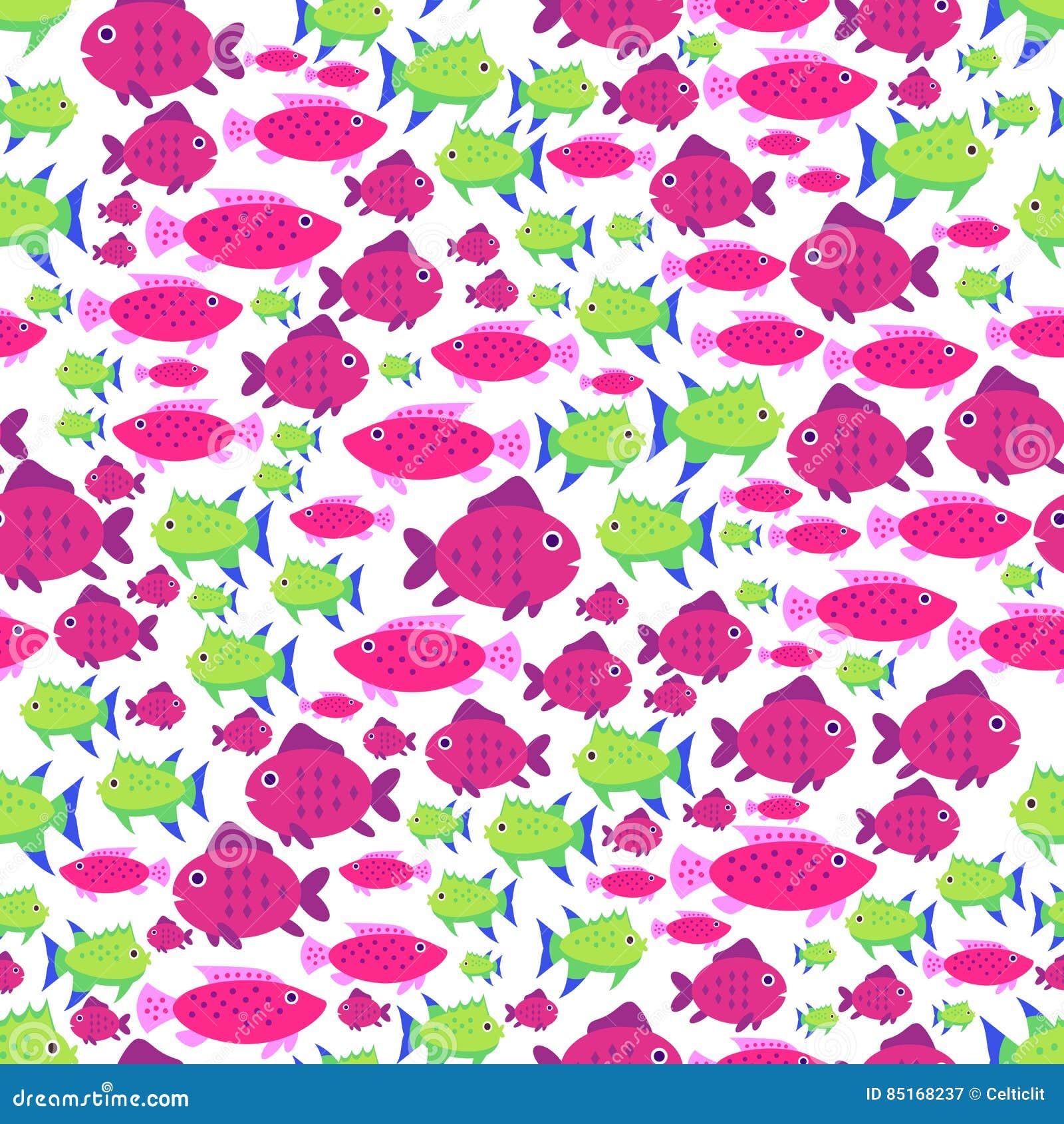 Seamless Vector Pattern with Cute Cartoon Fish in Red and Green Stock ...