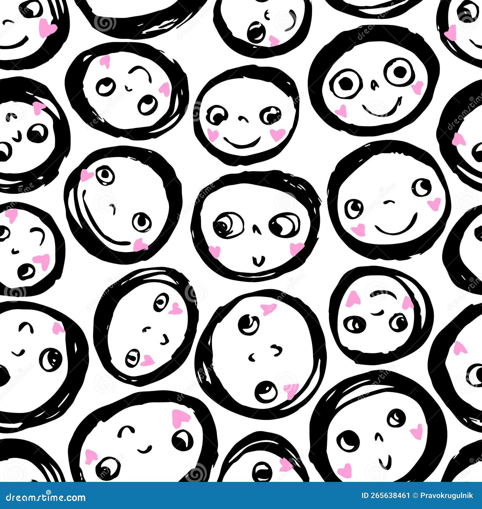 Seamless Vector Pattern with Cute Doodle Faces with Smiles in Black ...